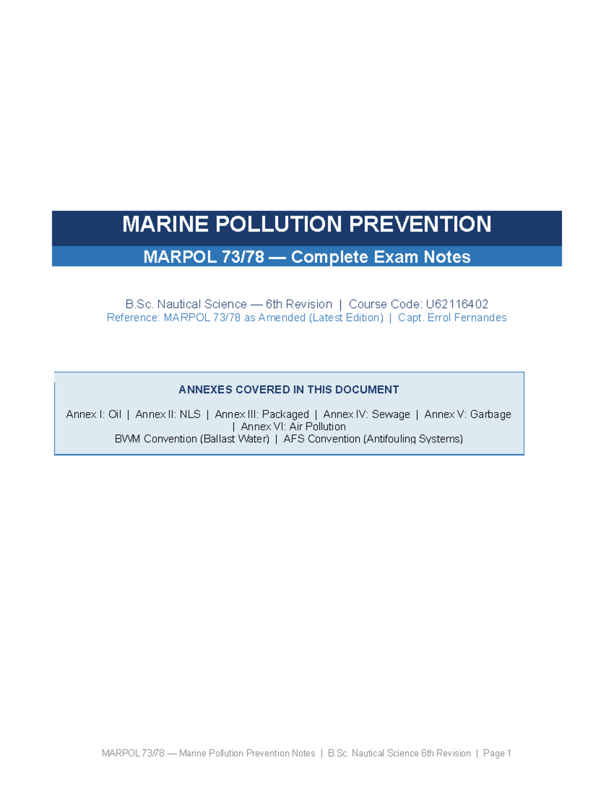 MARPOL Marine Pollution Prevention Exam Notes B.Sc. Nautical Science ...