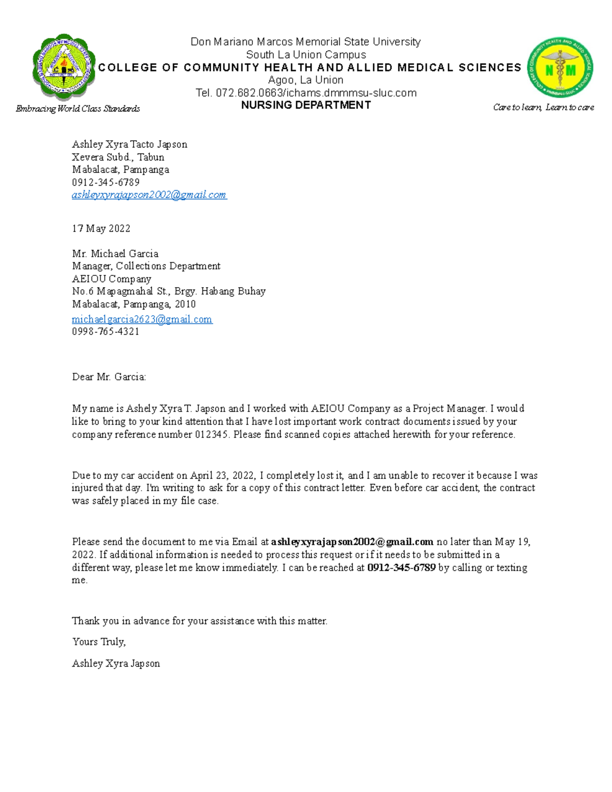 Sample OF Special Request Letter - Don Mariano Marcos Memorial State ...