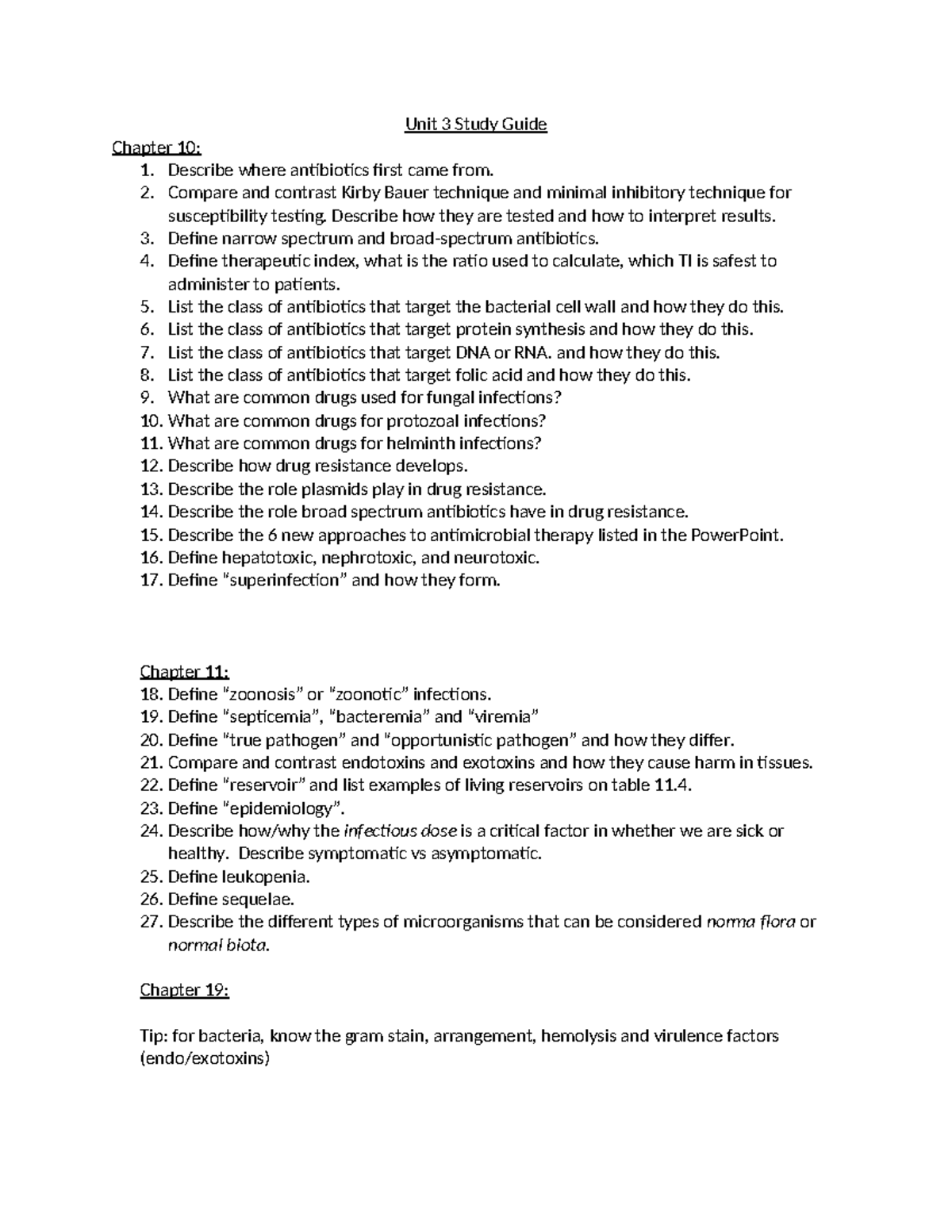 Unit 3 Study Guide: Antibiotics & Infections (Chapters 10-19) - Studocu