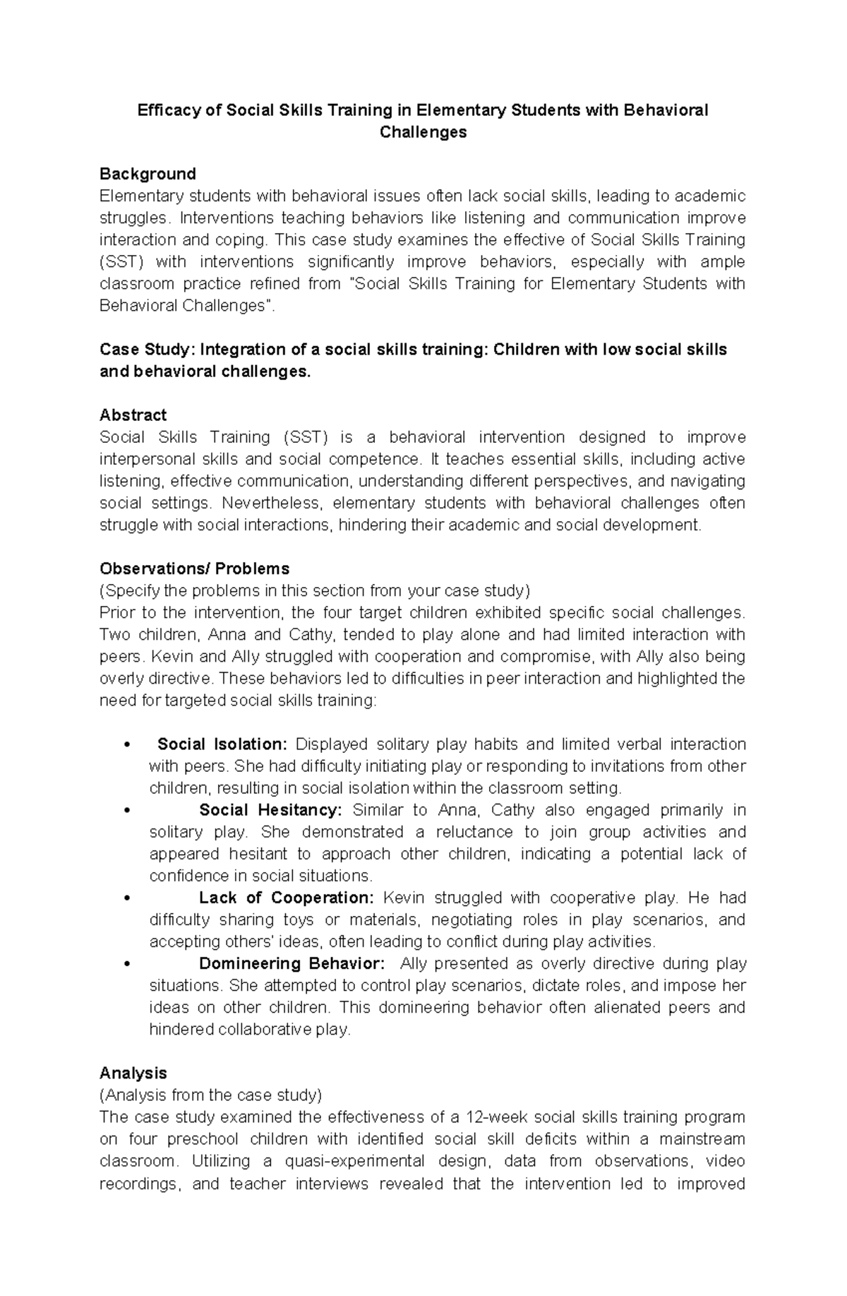 Sample case study of Social Literacy - Efficacy of Social Skills ...
