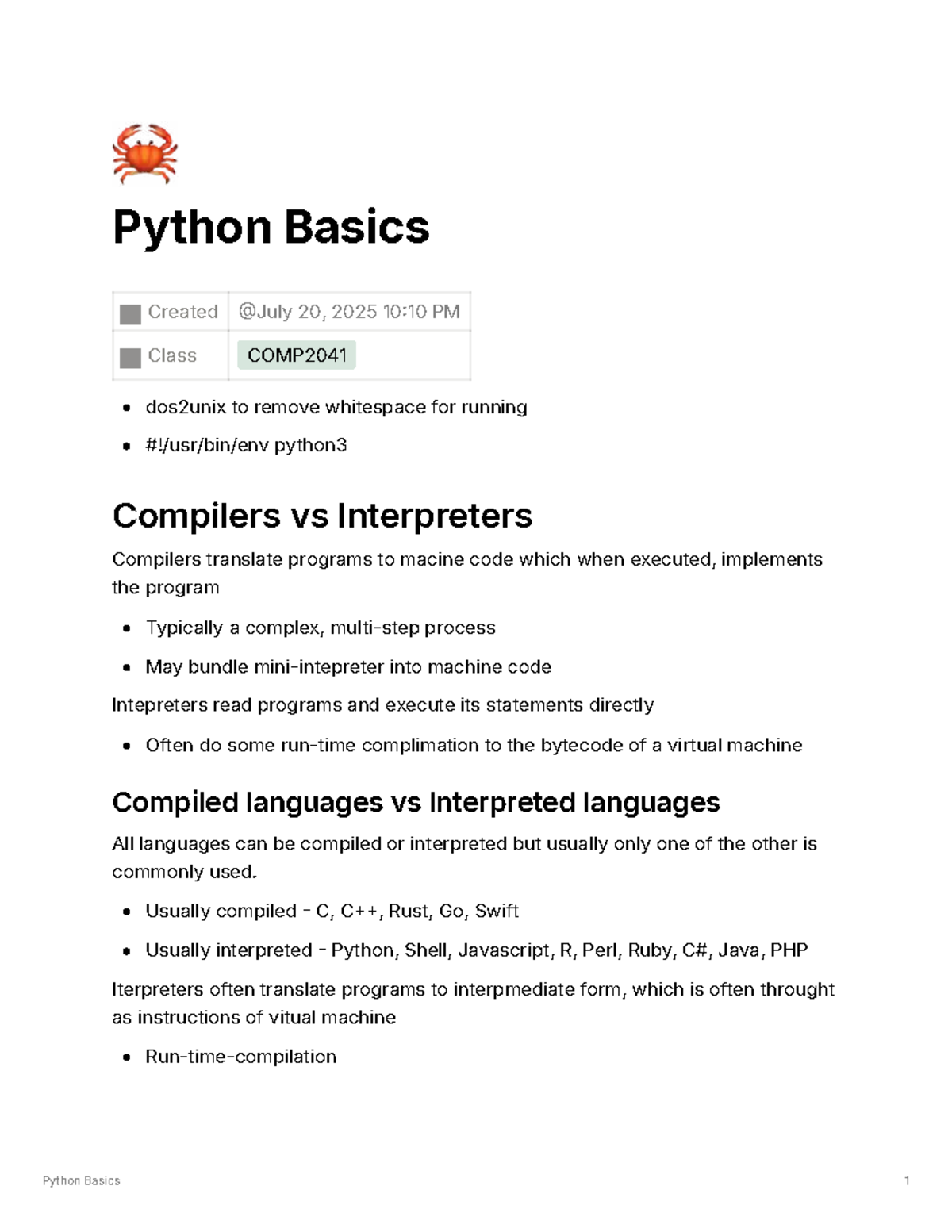 COMP2041 Python Basics: Compilers, Interpreters, and Variables - Studocu