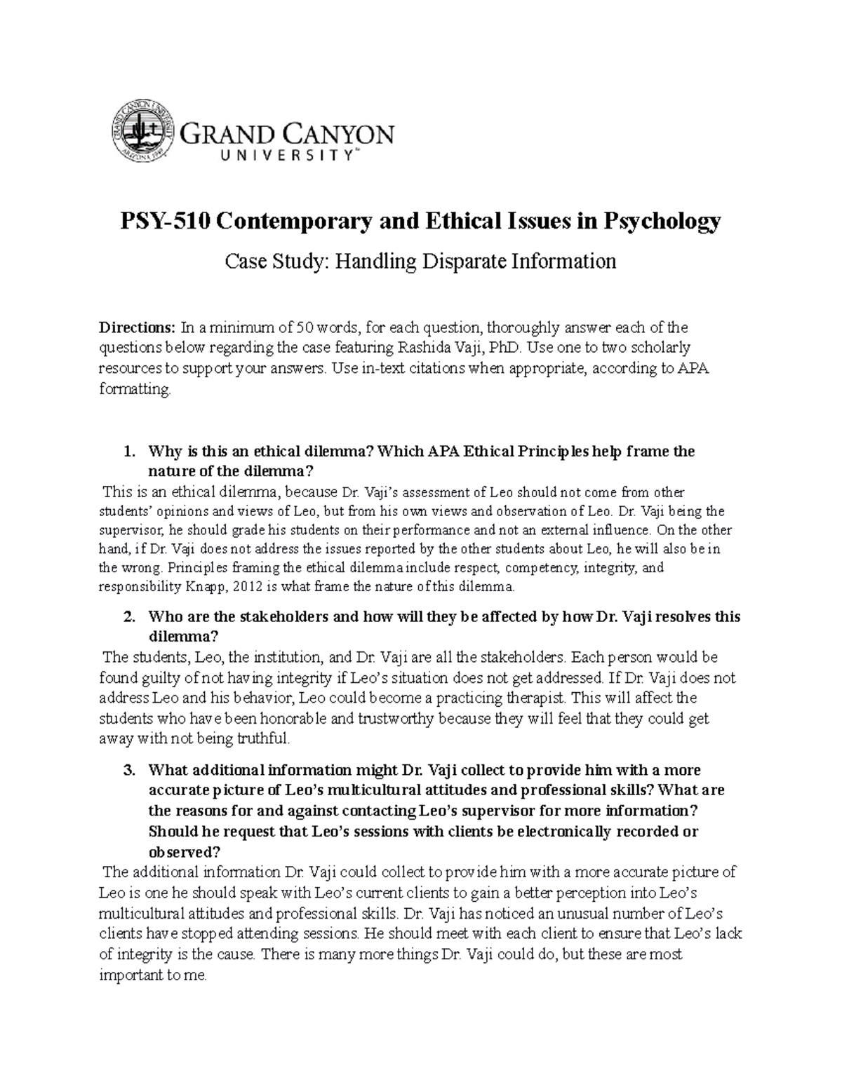 PSY-510 Case Study: Ethical Dilemmas in Dr. Vaji's Supervision Role ...