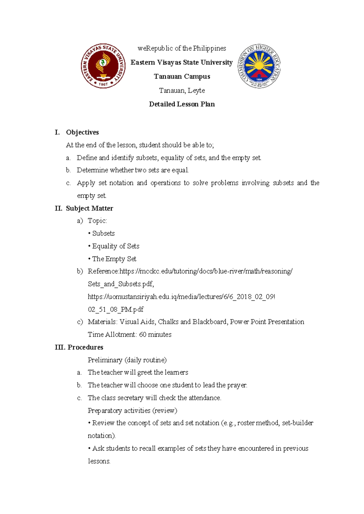 Detailed Lesson Plan on Subsets, Equality of Sets, and Empty Sets (BSED ...