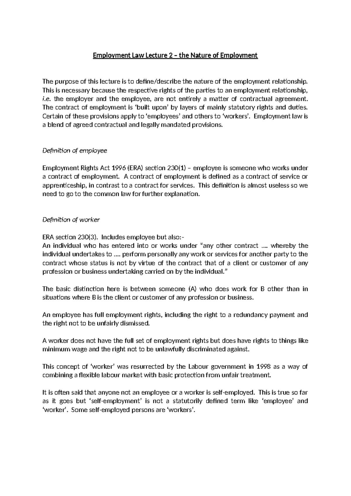 Employment Law Lecture 2: Understanding the Nature of Employment - Studocu