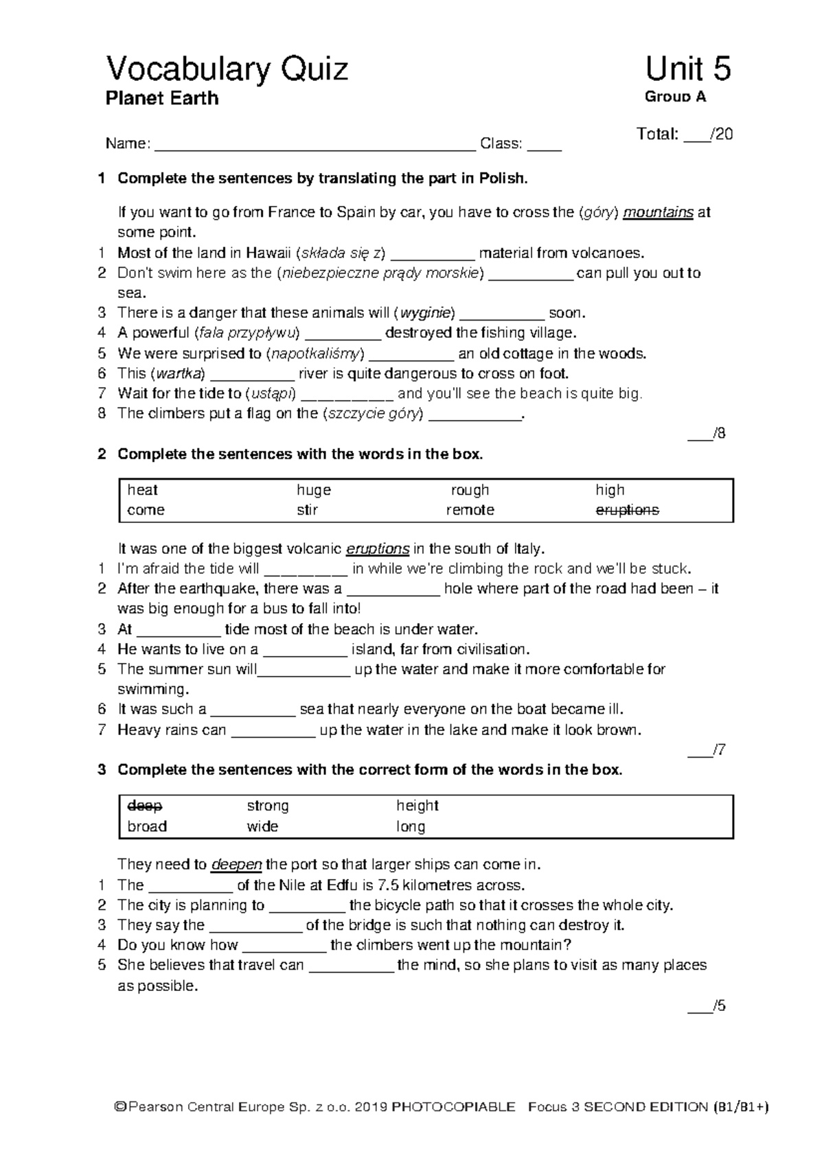 Test Słownictwa Focus 3 Unit 5 - Planet Earth Vocabulary Quiz - Studocu