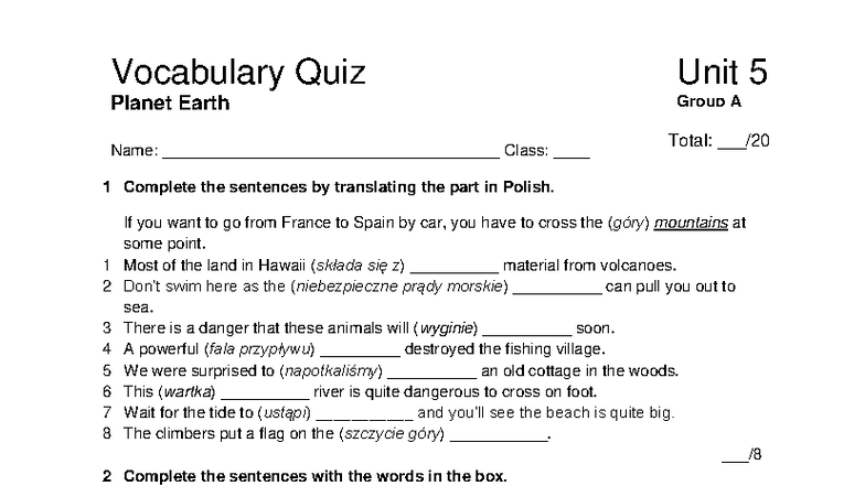 Test Słownictwa Focus 3 Unit 5 - Planet Earth Vocabulary Quiz - Studocu