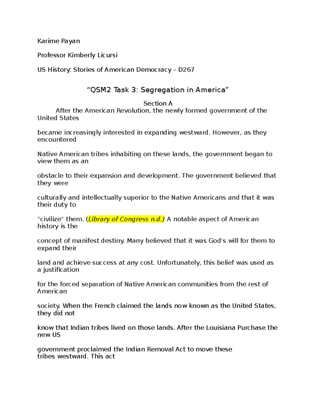 QSM2 Task 3: Examining Segregation in America - US History D - Studocu