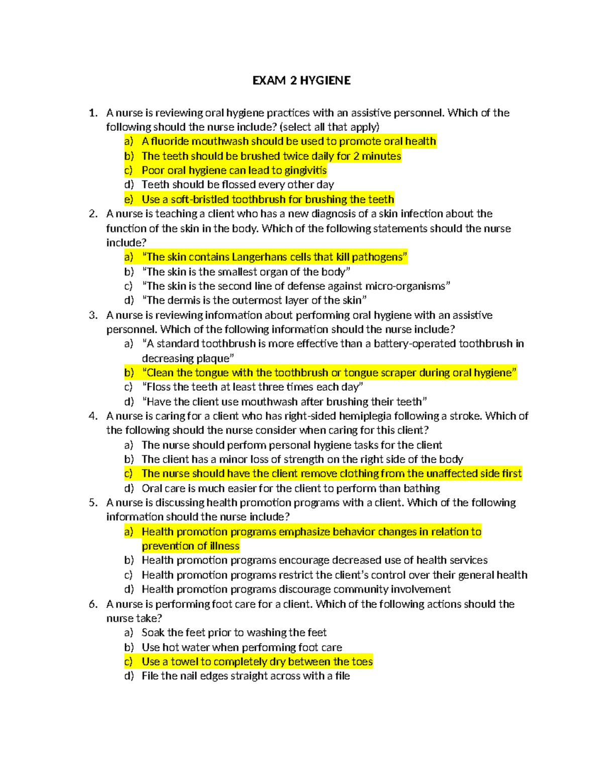 Hygiene Practices Review for EXAM 2: Key Nursing Concepts - Studocu