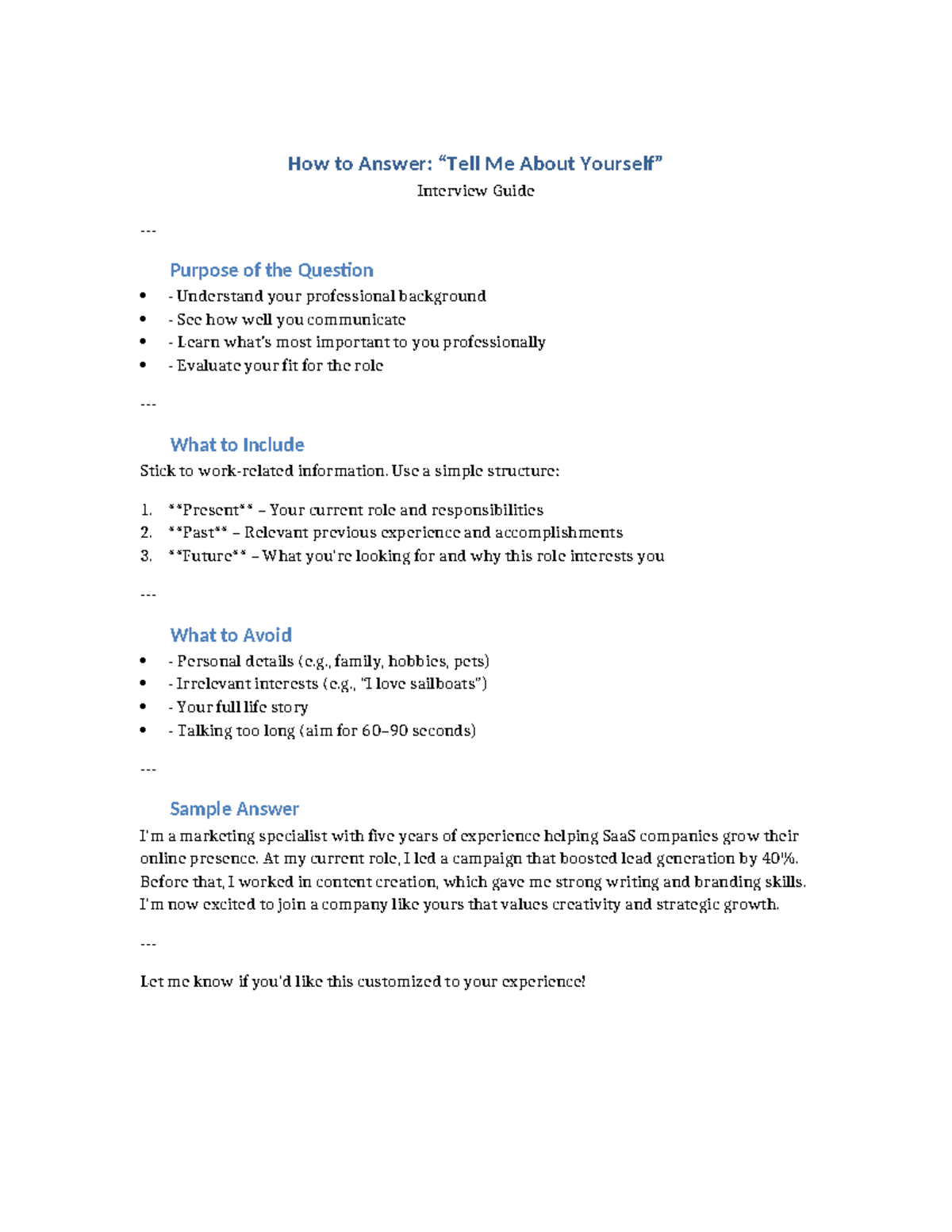 Tell Me About Yourself Interview Guide: Tips & Sample Answers - Studocu