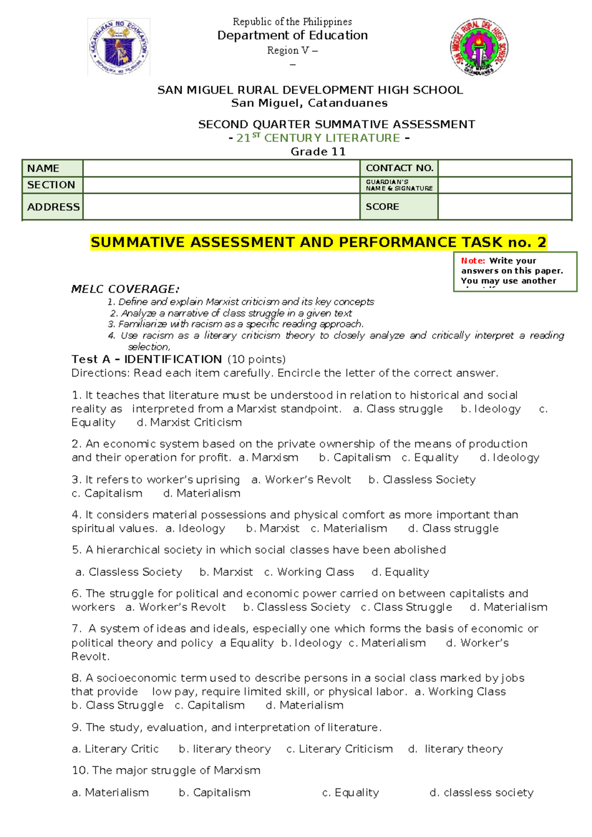 Grade 11 21st Century Literature: Summative Assessment & Performance Tasks 2 - Studocu