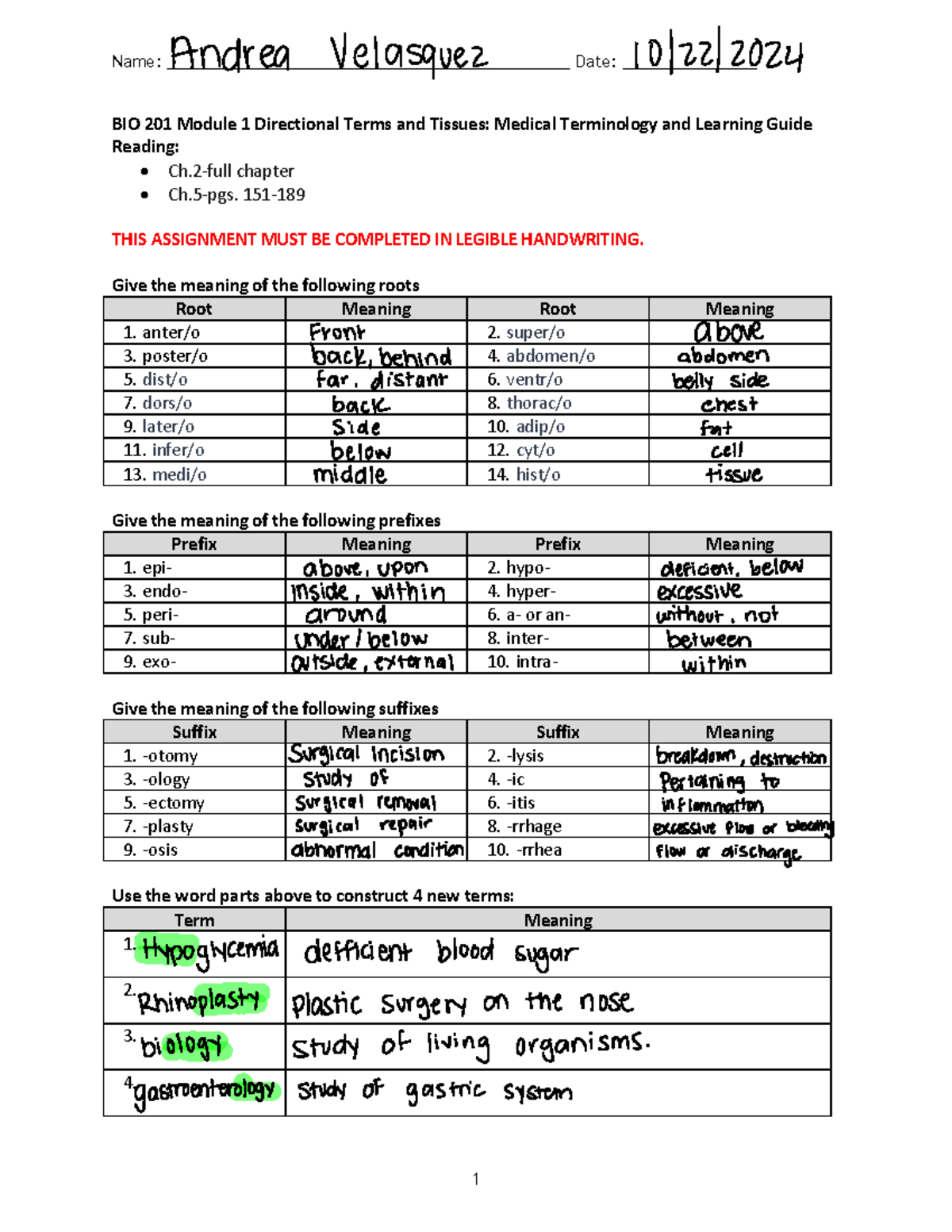 Medical Terminology - 151- 189 THIS ASSIGNMENT MUST BE COMPLETED IN ...