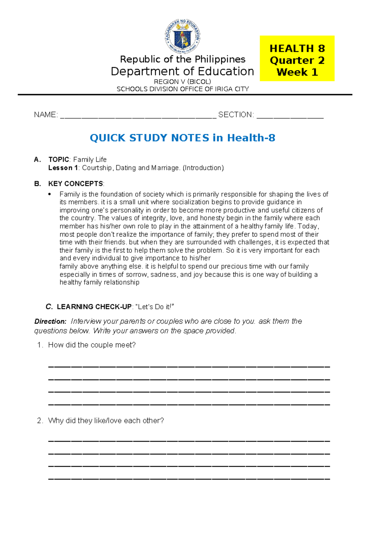 QSN-Health 8: Family Life Lesson 1 - Courtship, Dating & Marriage - Studocu