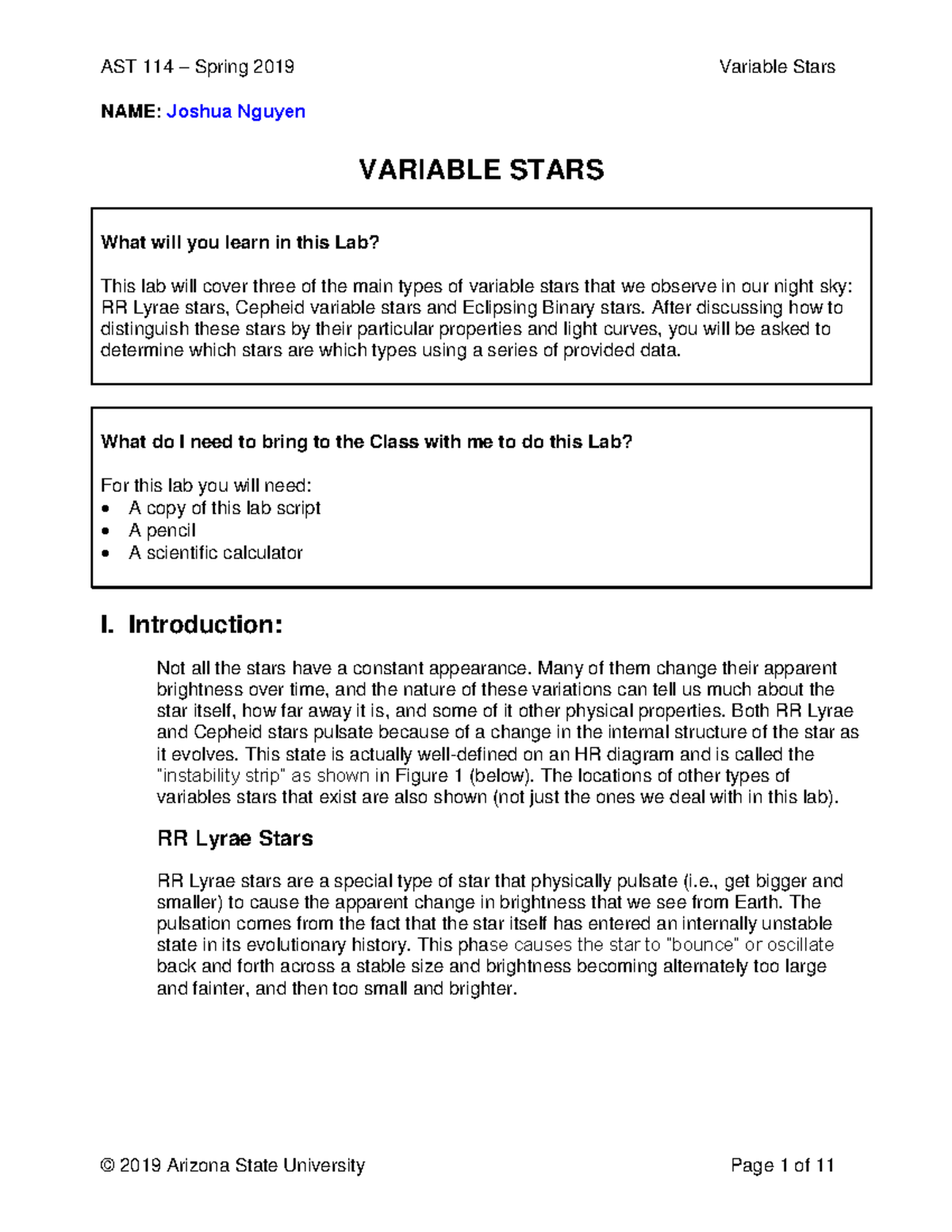 Variable Stars Lecture Notes Variable Stars Ast 114 Spring 2019 Name Joshua Nguyen