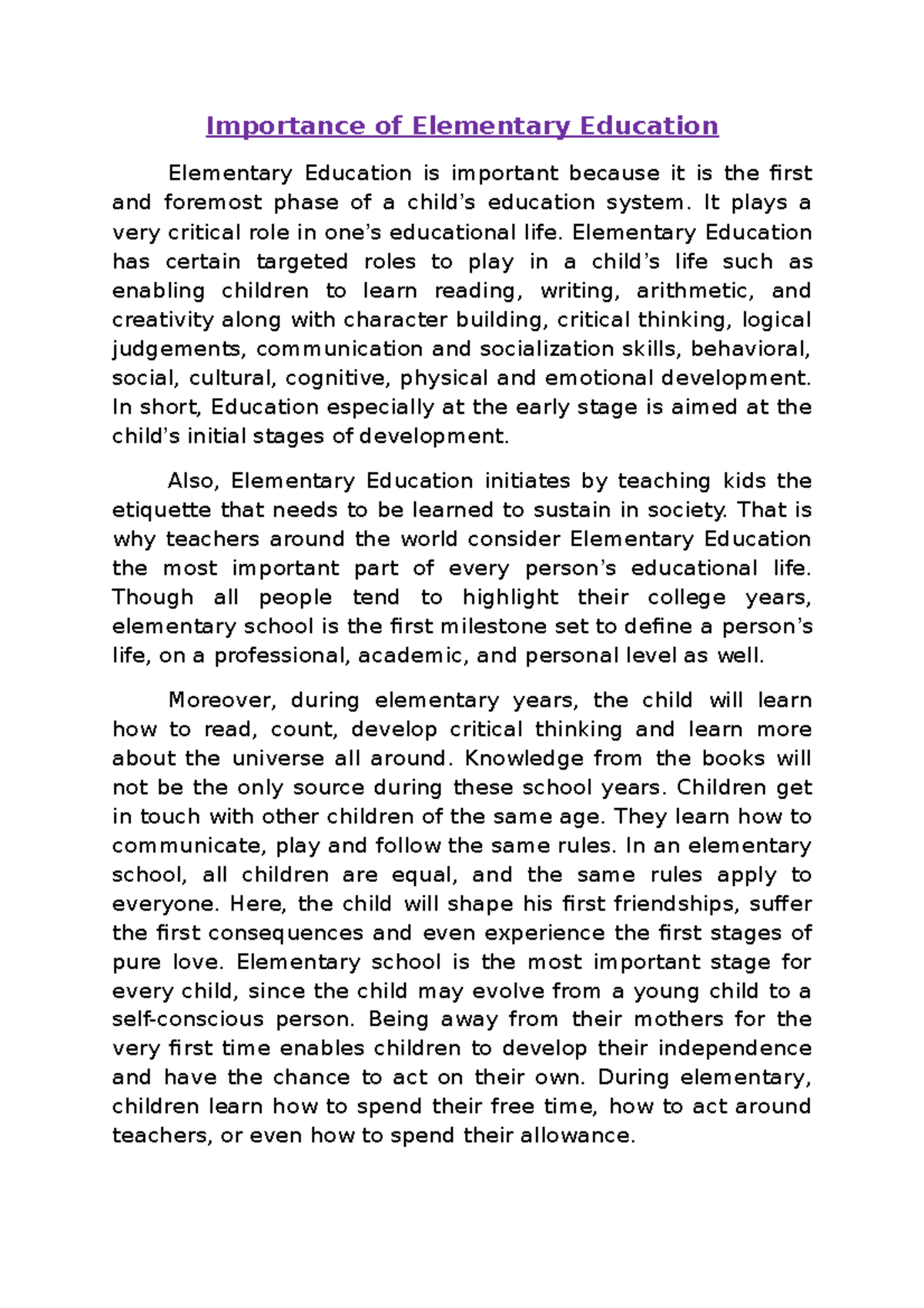 Importance of Elementary Education - Importance of Elementary Education ...