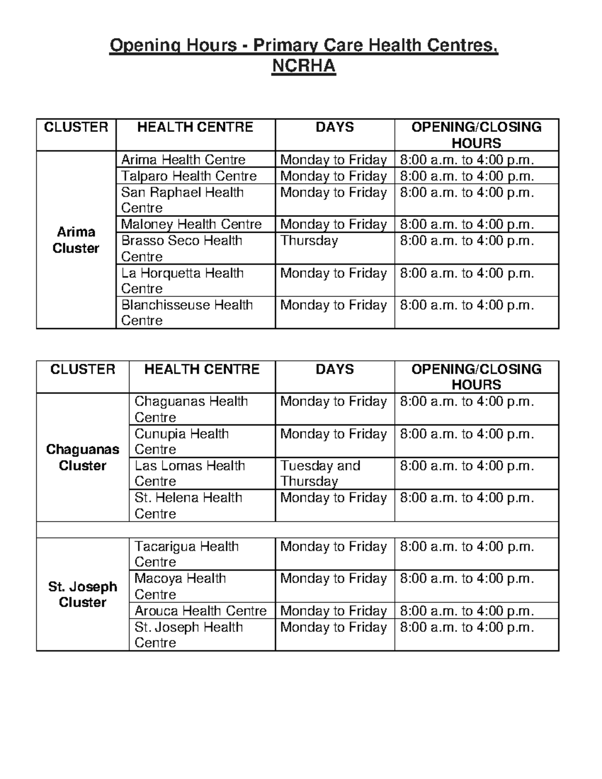 NCRHA Immunization Schedule 2024: Health Centre Opening Hours - Studocu