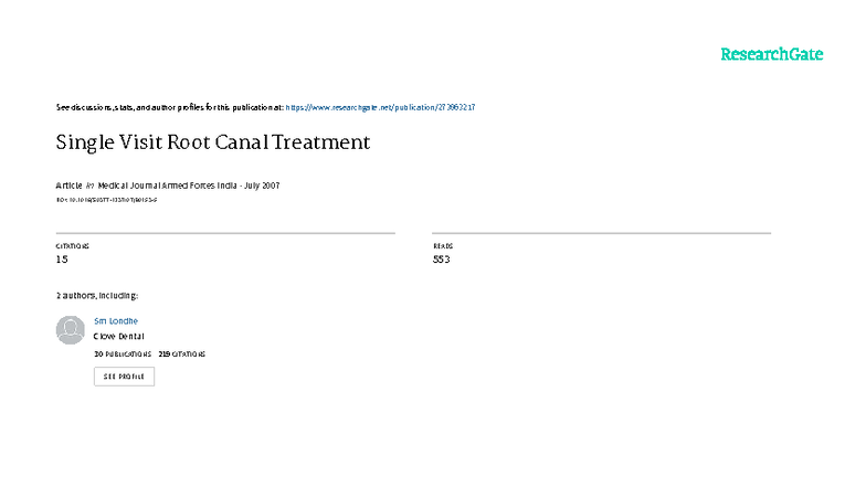 Single Visit Root Canal Treatment: A Study in MJAFI 63 - Studocu