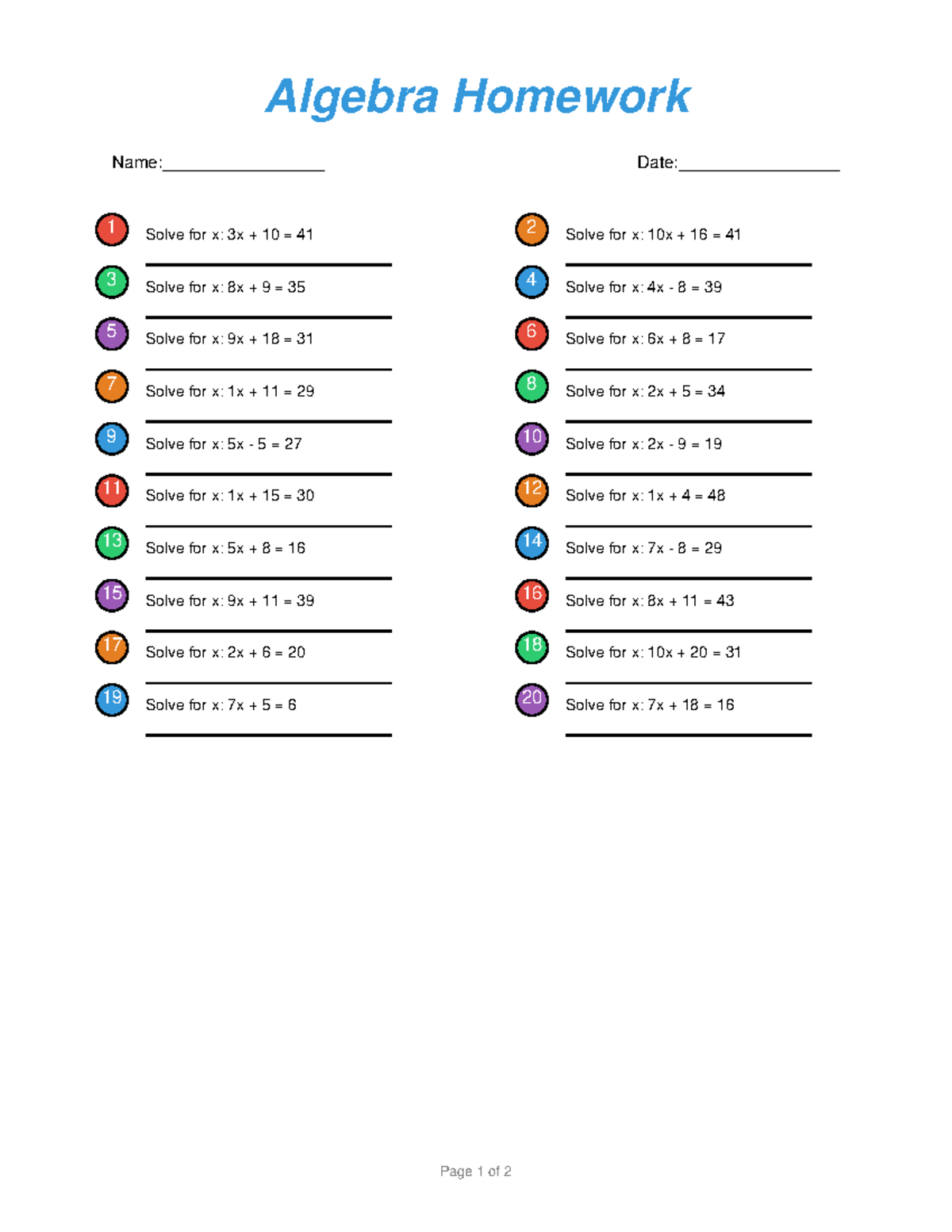 Algebra Homework 3: Solve for x Problems - Studocu