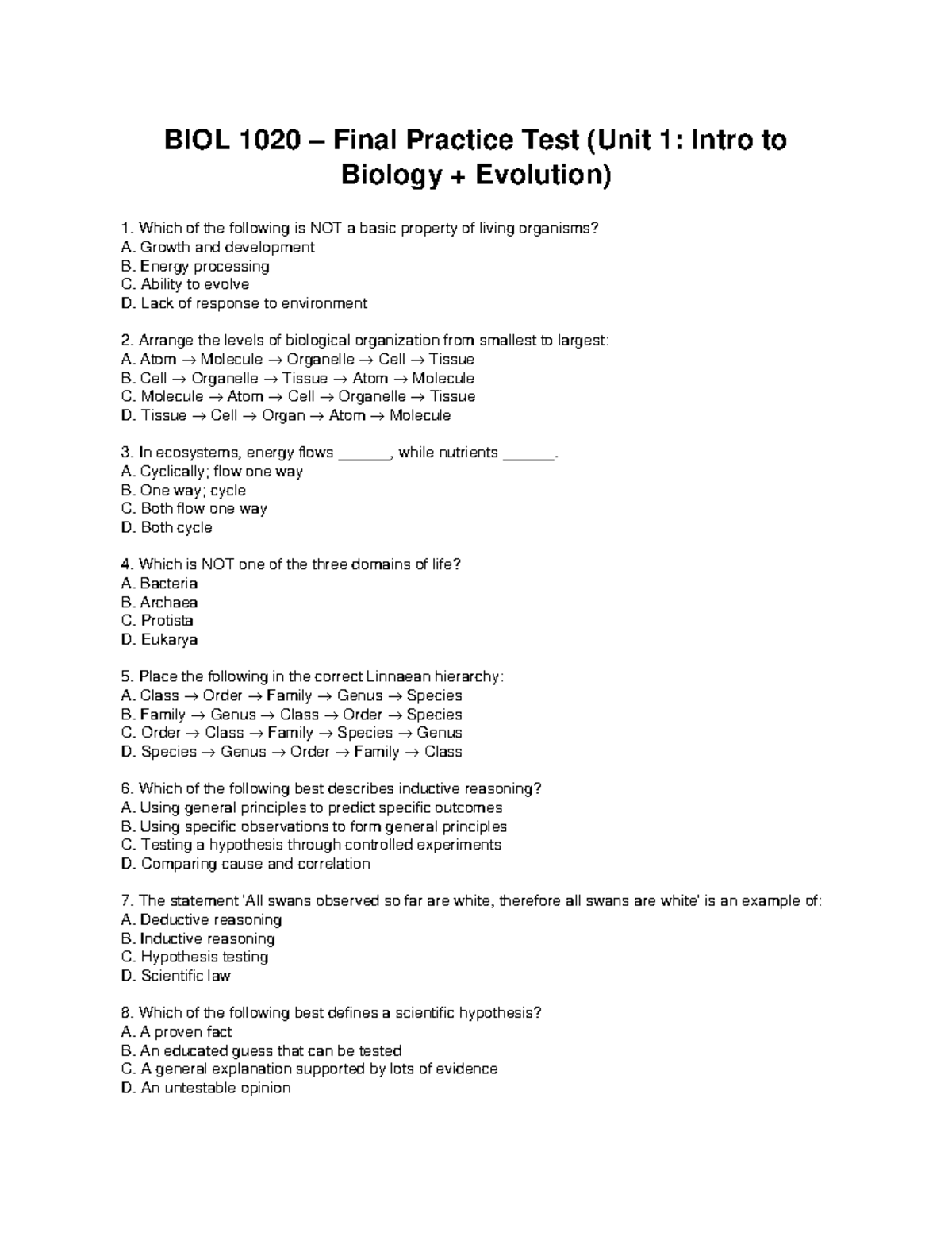 BIOL 1020 Final Full Practice Test (Unit 1: Intro to Biology Evolution ...