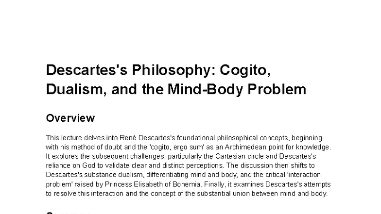 Descartes's Philosophy: Cogito, Dualism & Mind-Body Problem (Lecture 3 ...