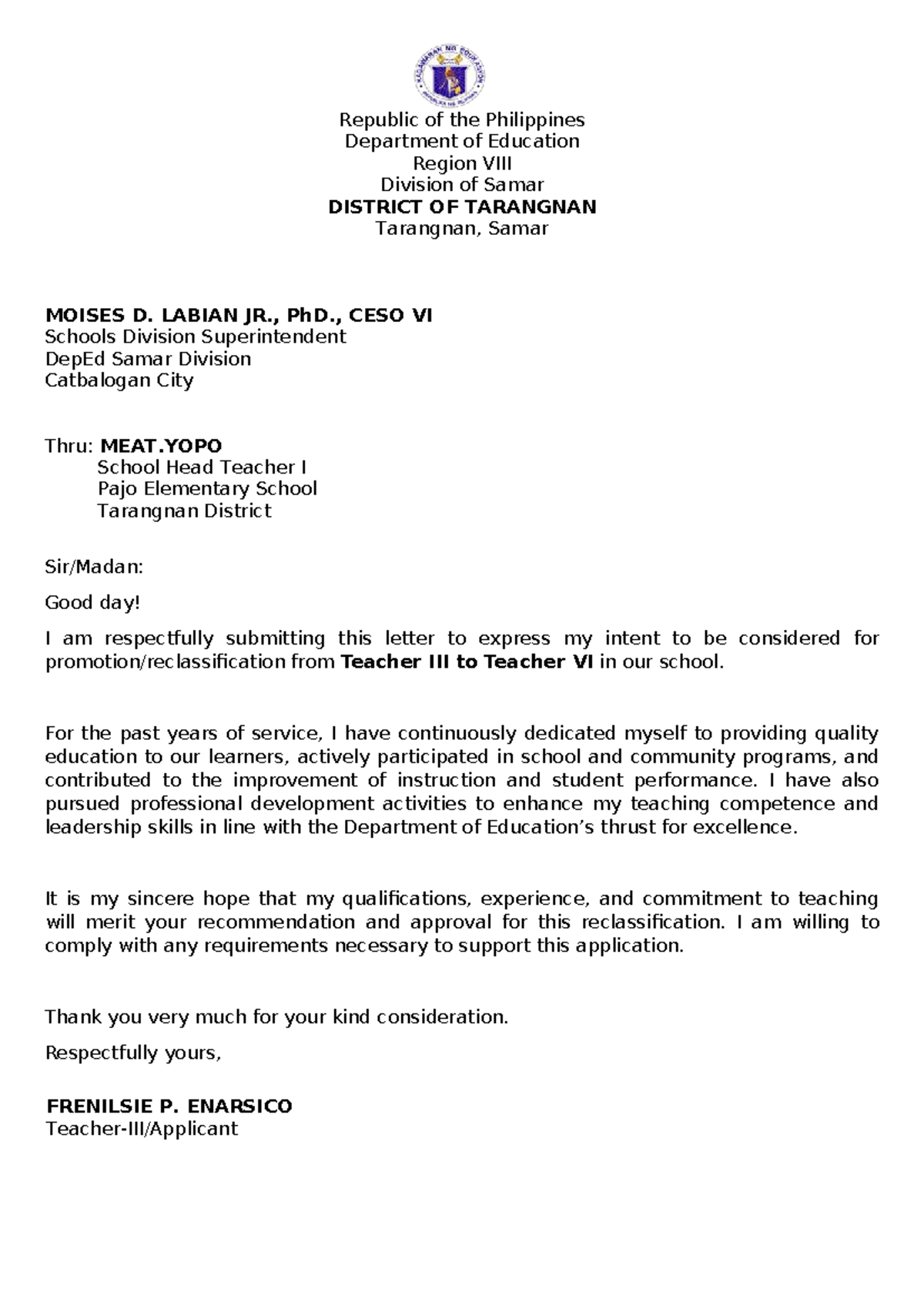 Letter of Intent for Reclassification to Teacher VI - Studocu