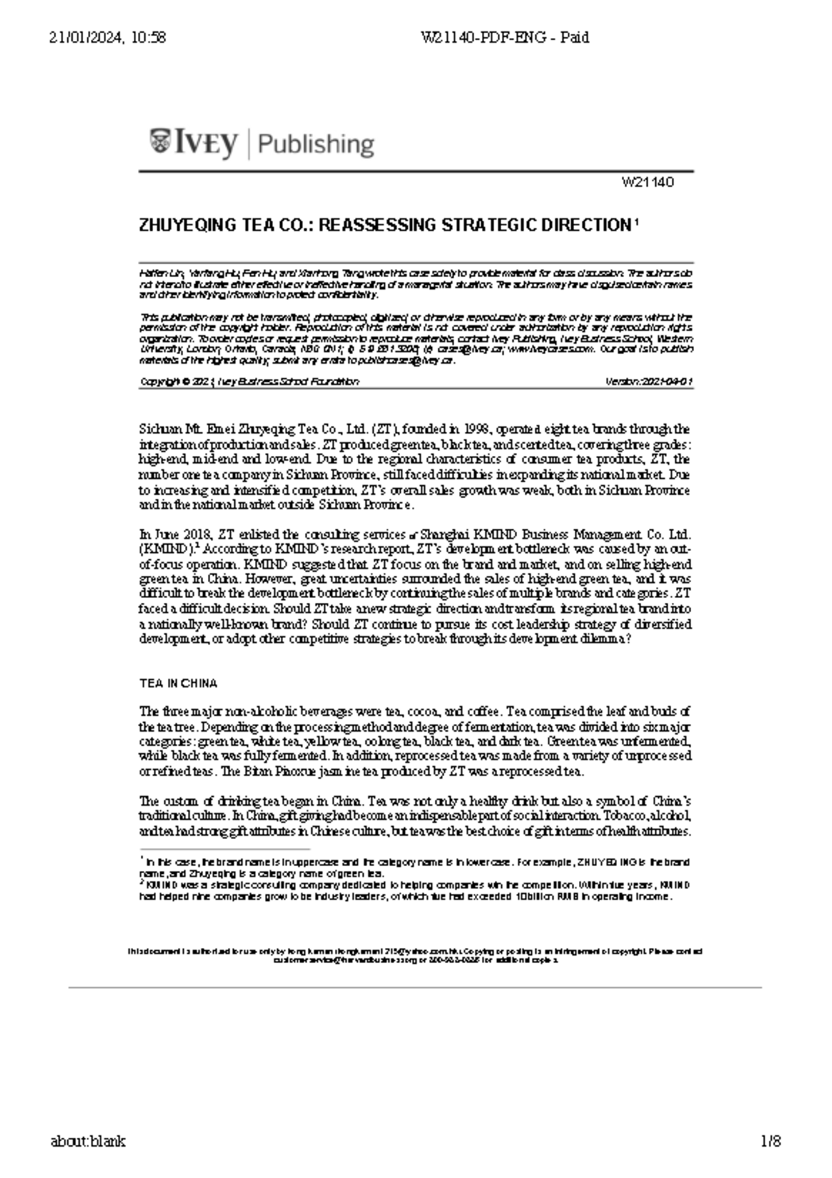Week 1,2 Case - Case study - W 21140 ZHUYEQING TEA CO.: REASSESSING ...