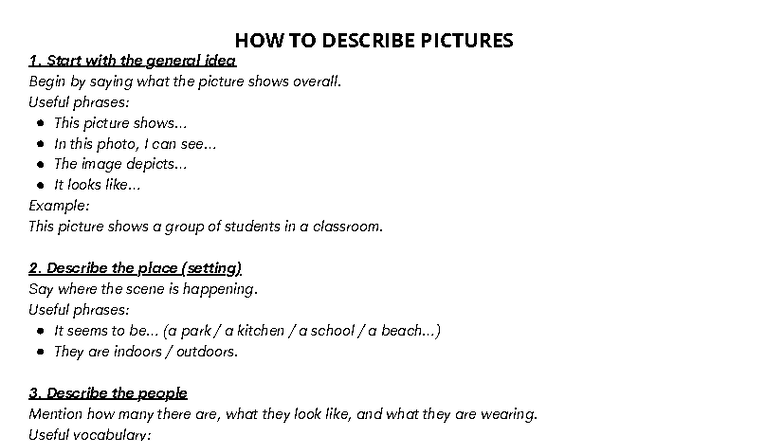 Describing Pictures: A Classroom Writing Guide - Studocu