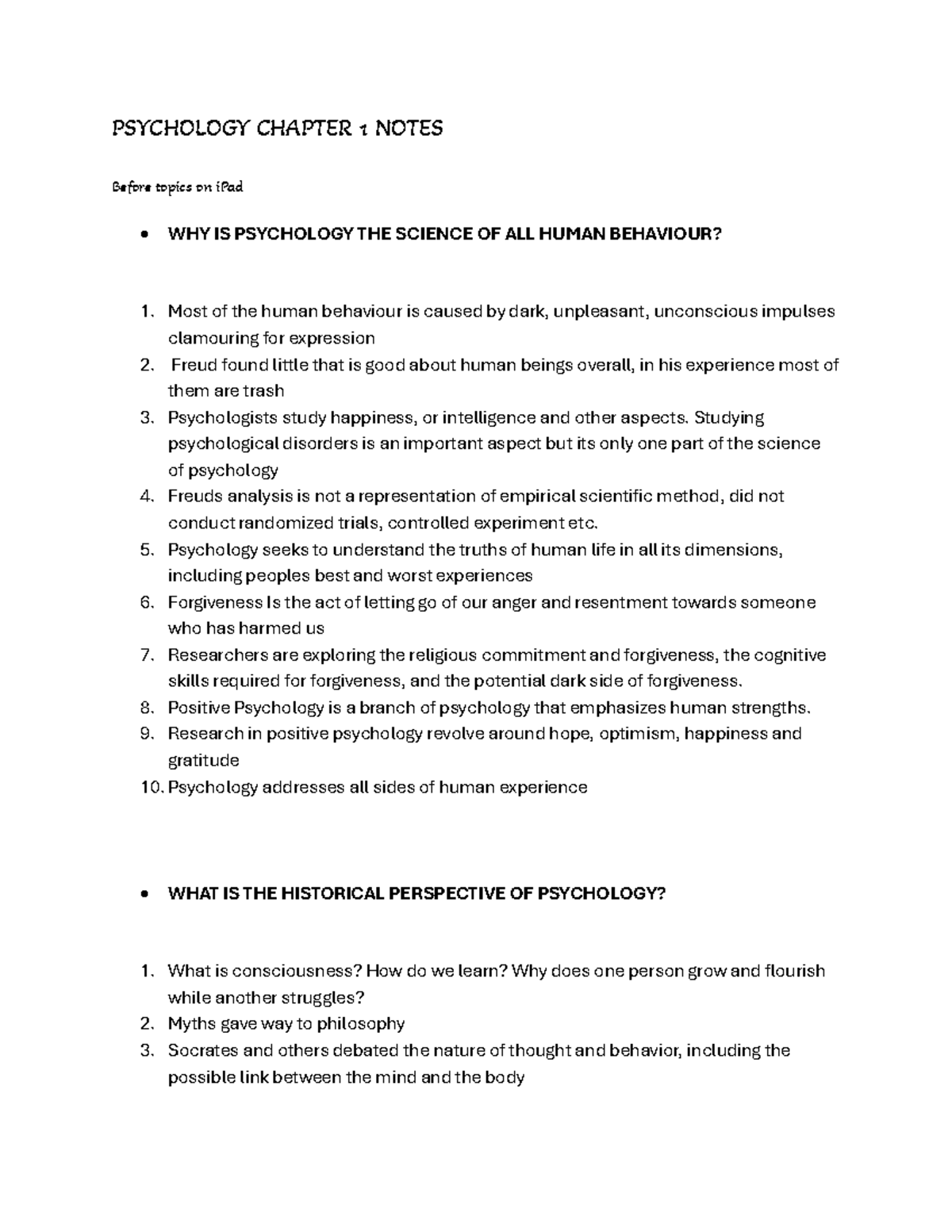 Psychology Chapter 1 Notes copy - PSYCHOLOGY CHAPTER 1 NOTES Before ...