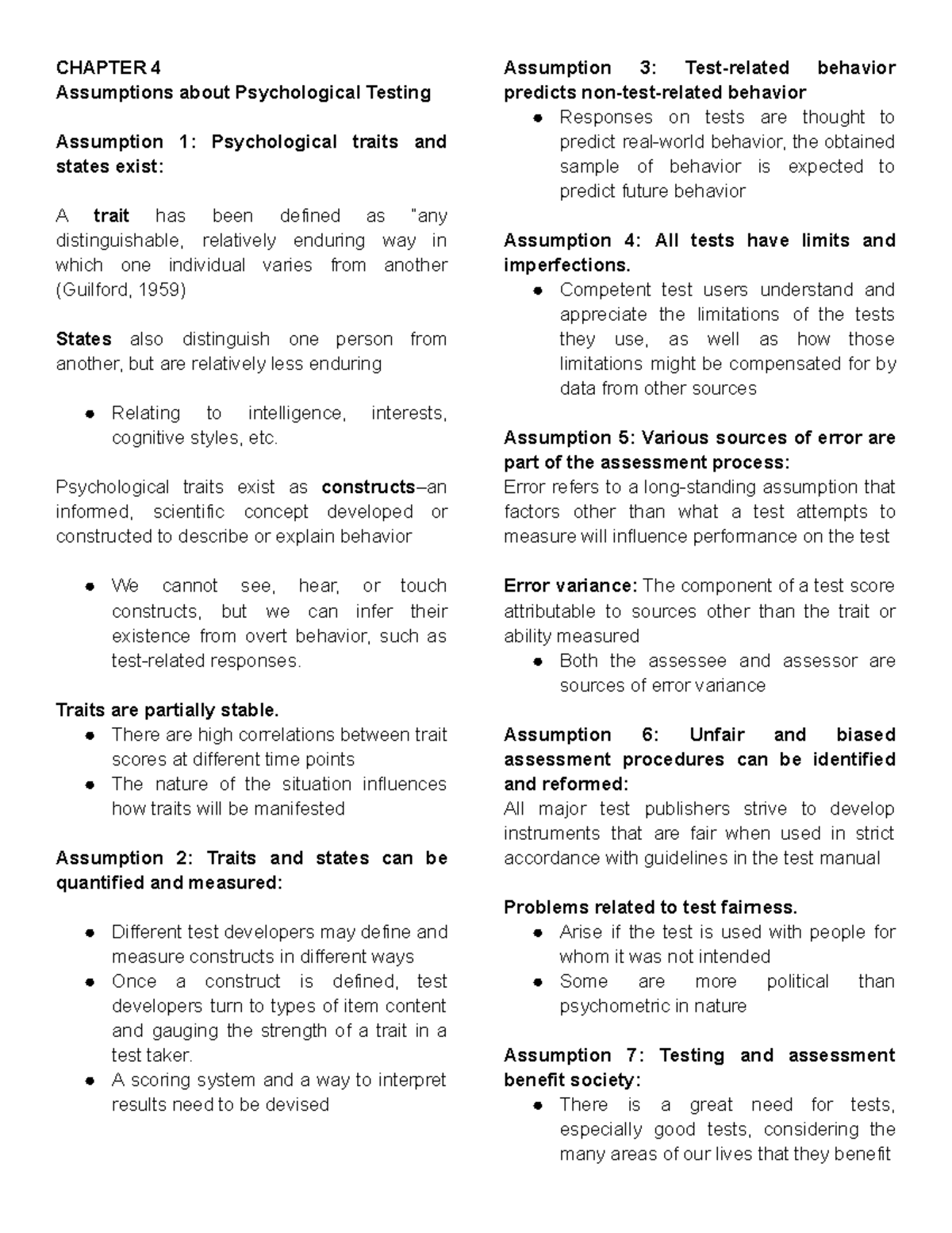 CHAPTER 4: Assumptions in Psychological Testing (PSY 101) - Studocu