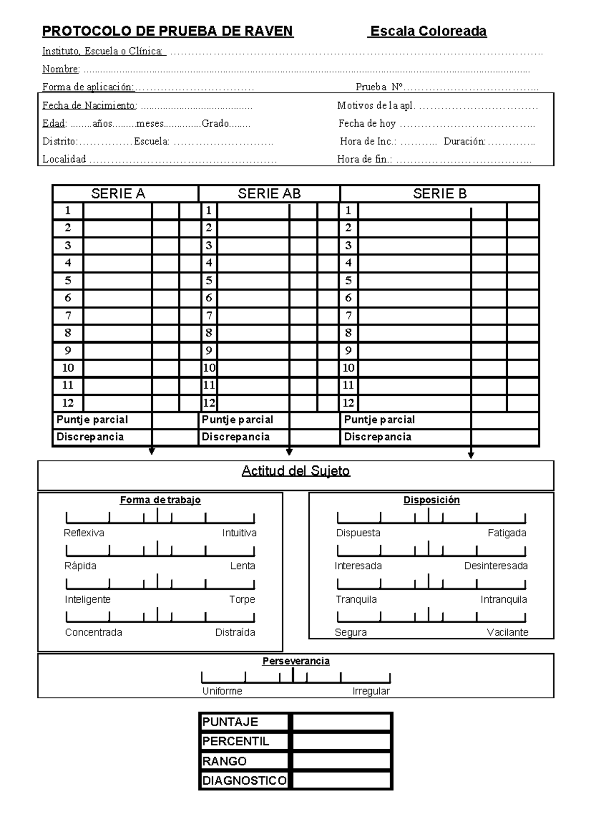 Protocolo de Prueba Raven Escala Coloreada - Versión 1 - Studocu