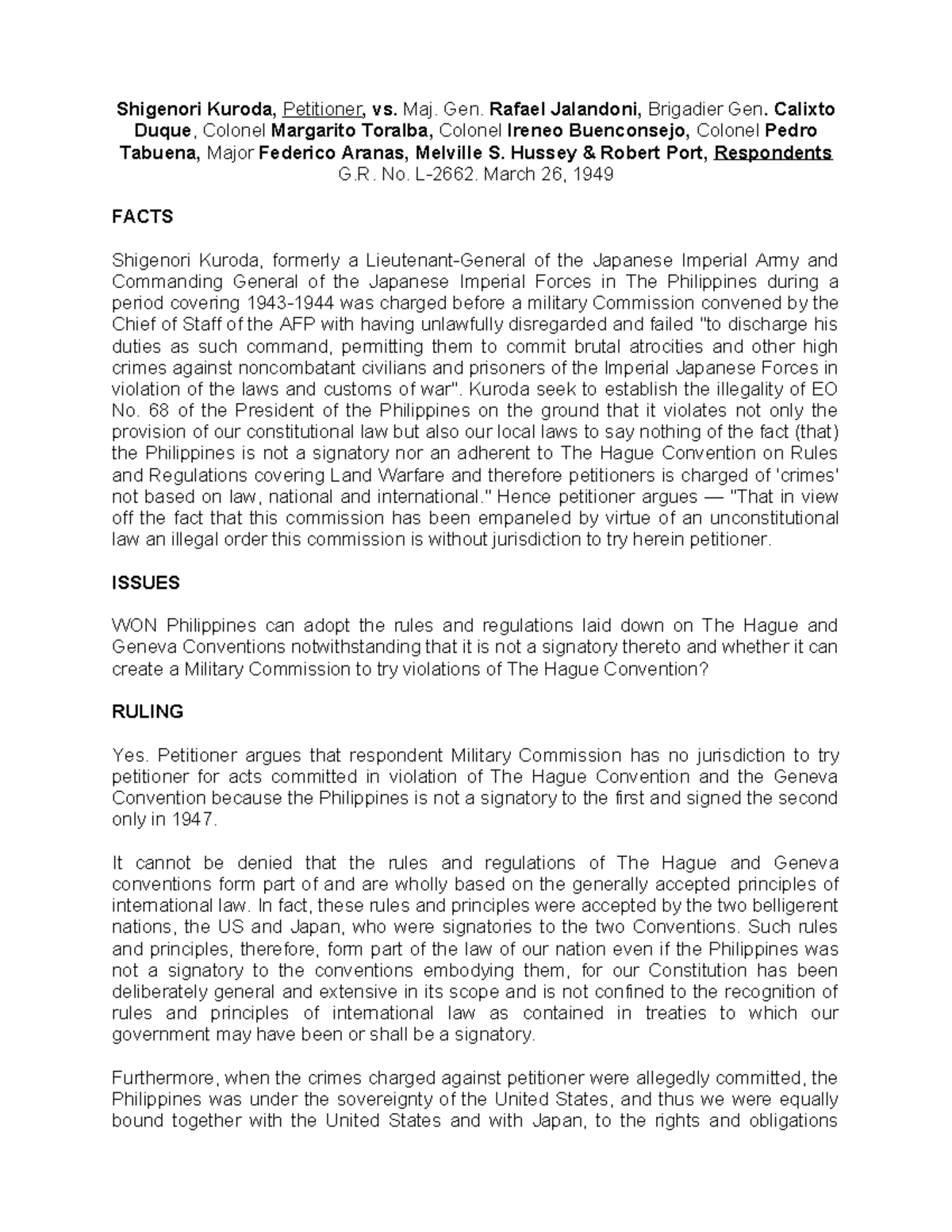 Kuroda vs. Jalandoni: Military Commission Jurisdiction Analysis - Studocu