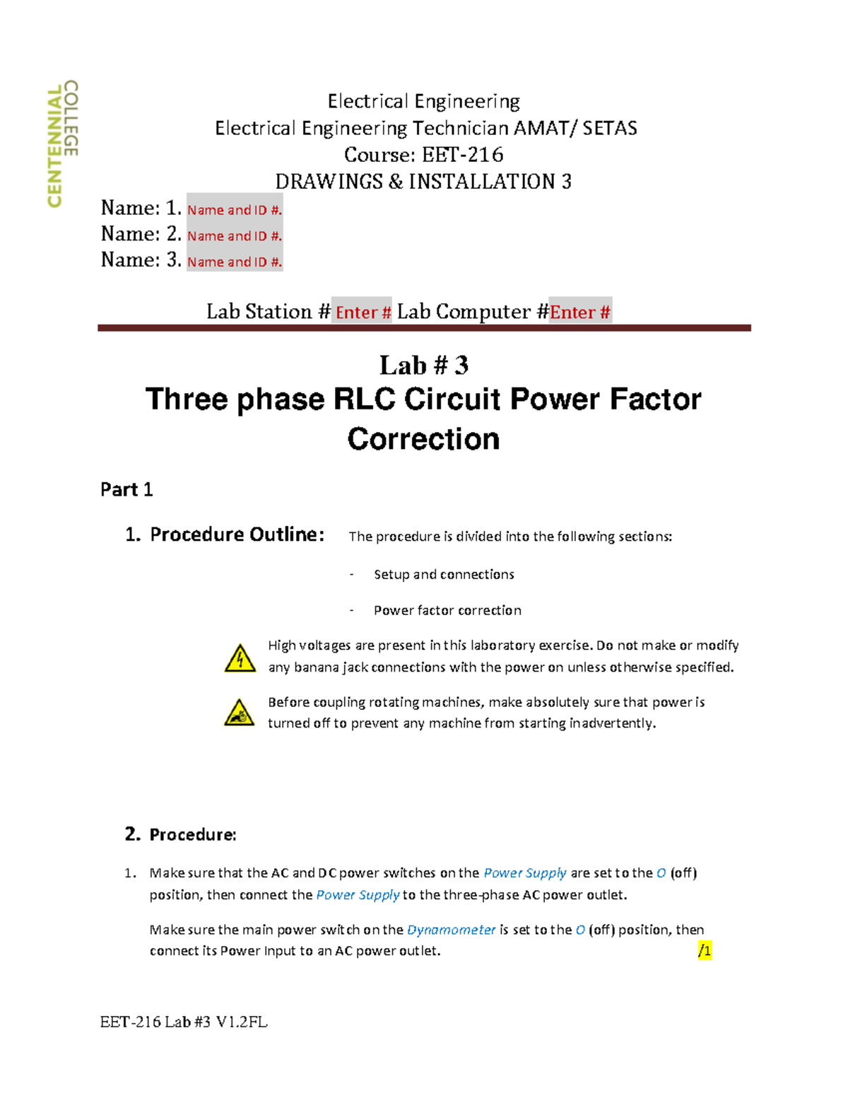EET-216 Lab #3: Three Phase RLC Circuit Power Factor Correction - Studocu