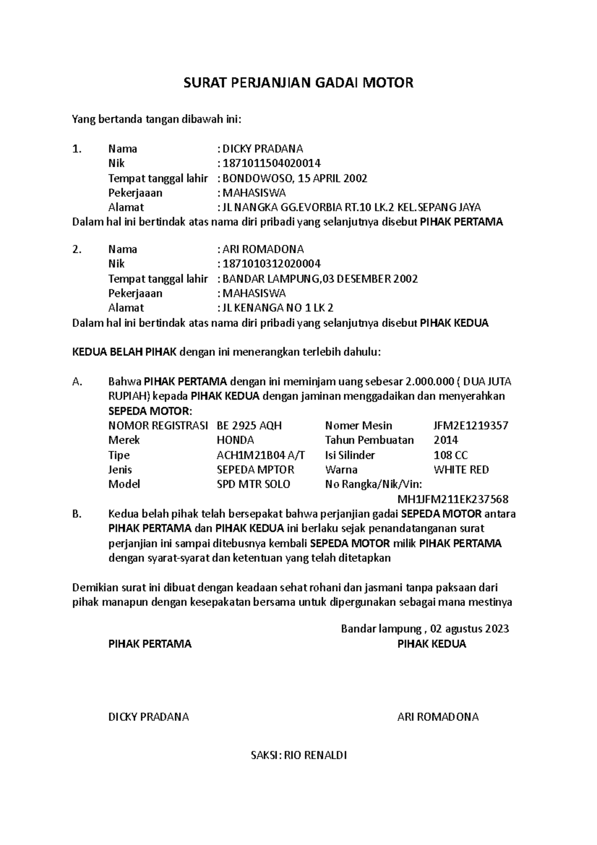 Surat Perjanjian Gadai Motor - SURAT PERJANJIAN GADAI MOTOR Yang ...