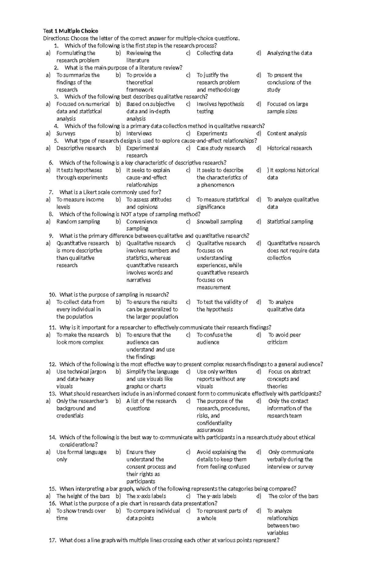 Test 1 MCQ: Research Methods and Data Analysis Guide - Studocu