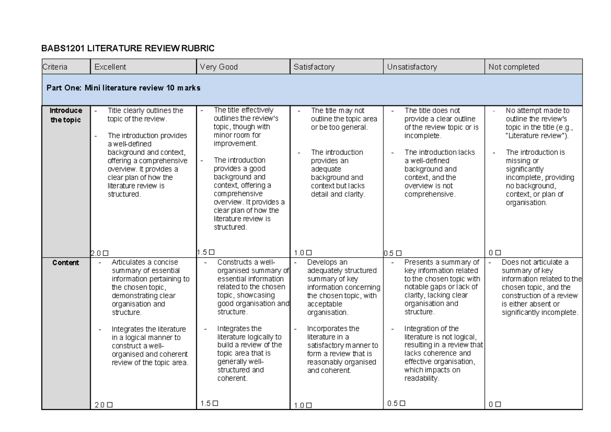 BABS1201 Literature Review Rubric Assessment Criteria T3 - Studocu