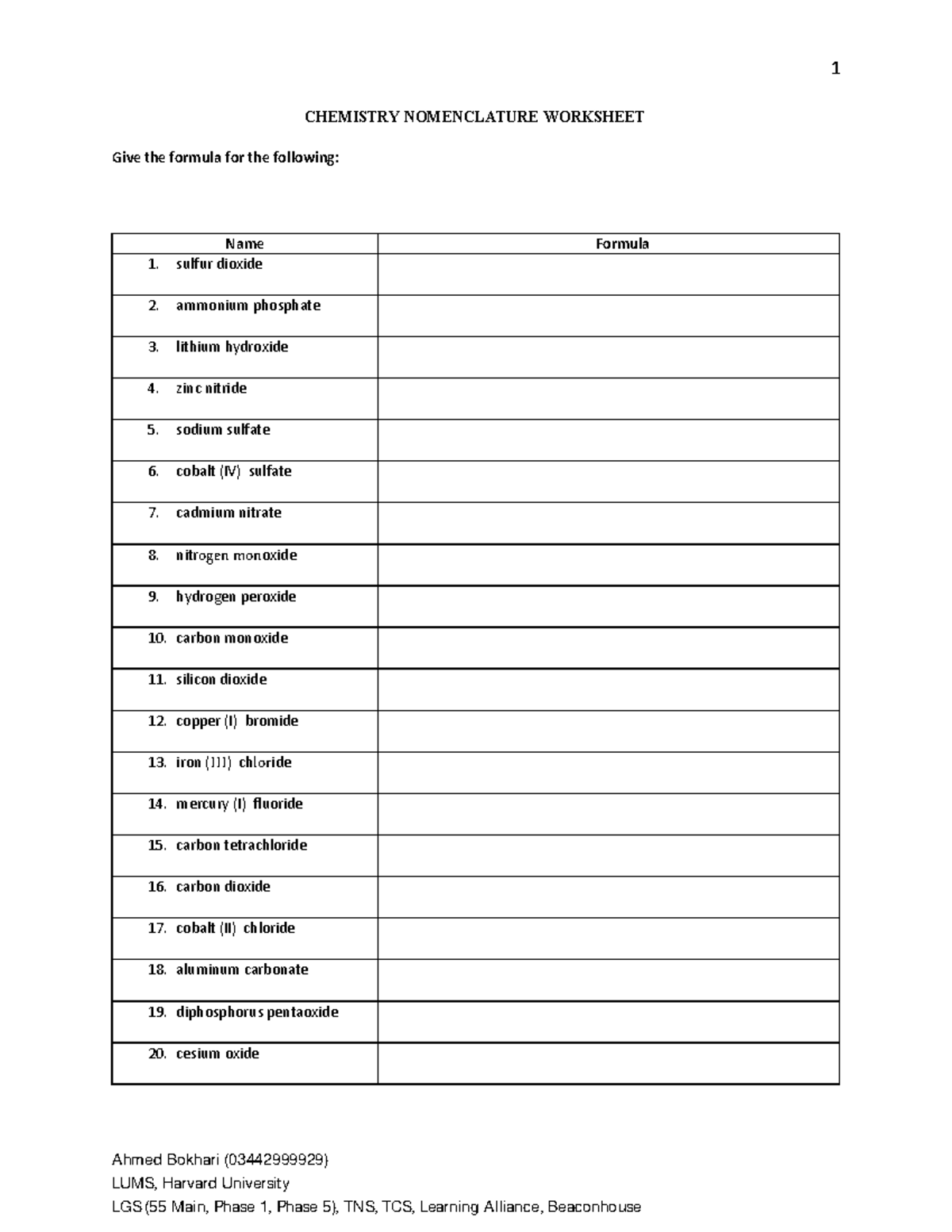 Nomenclature worksheet final - CHEMISTRY NOMENCLATURE WORKSHEET Give ...