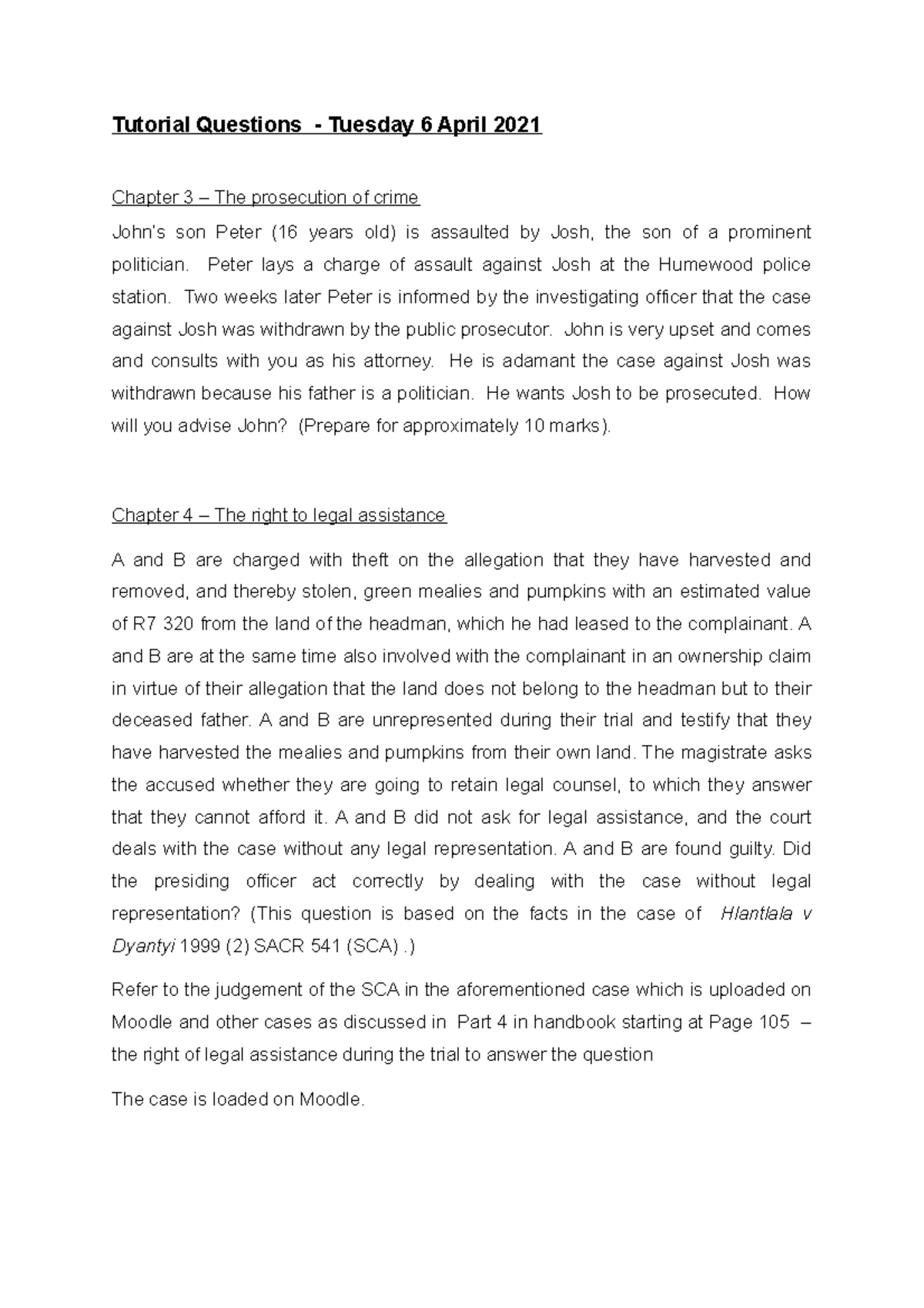 Tutorial Questions for Legal Studies: Ch 3 & Ch 4 Analysis - Studocu