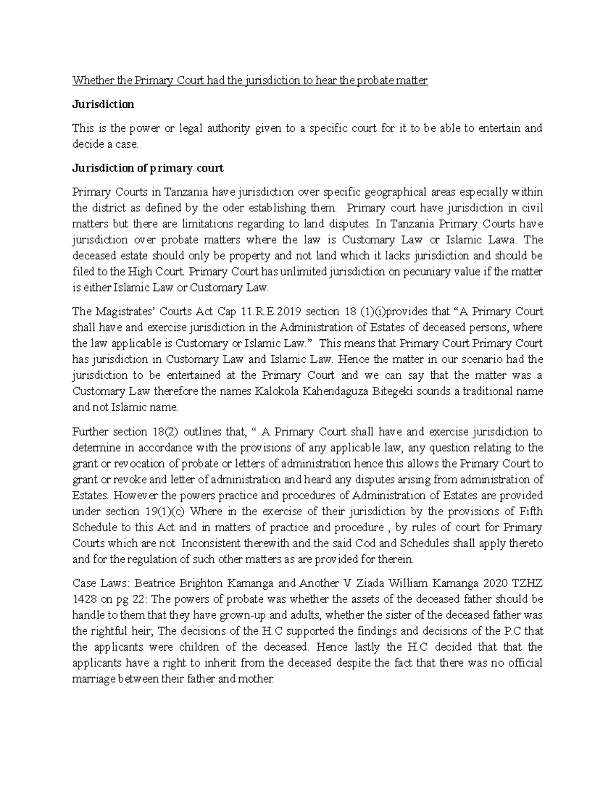 Jurisdiction of Primary Courts in Probate Matters: A Case Study - Studocu