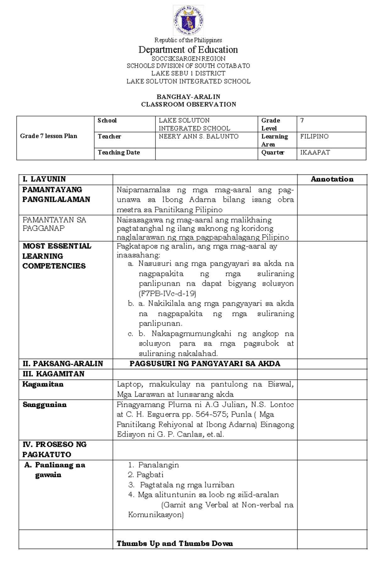 Grade 7 Filipino Lesson Plan: Classroom Observation (SOCCSKSARGEN ...