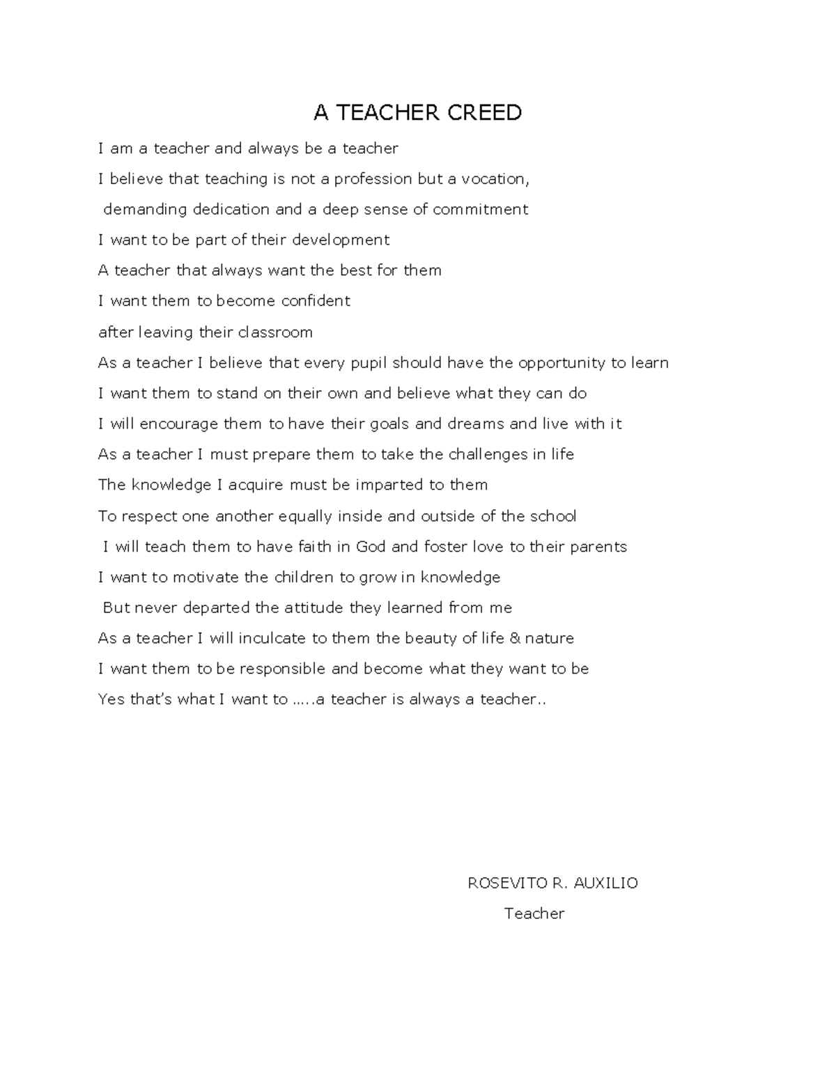 Teacher's Creed: Commitment, Growth, and Responsibility in Education ...