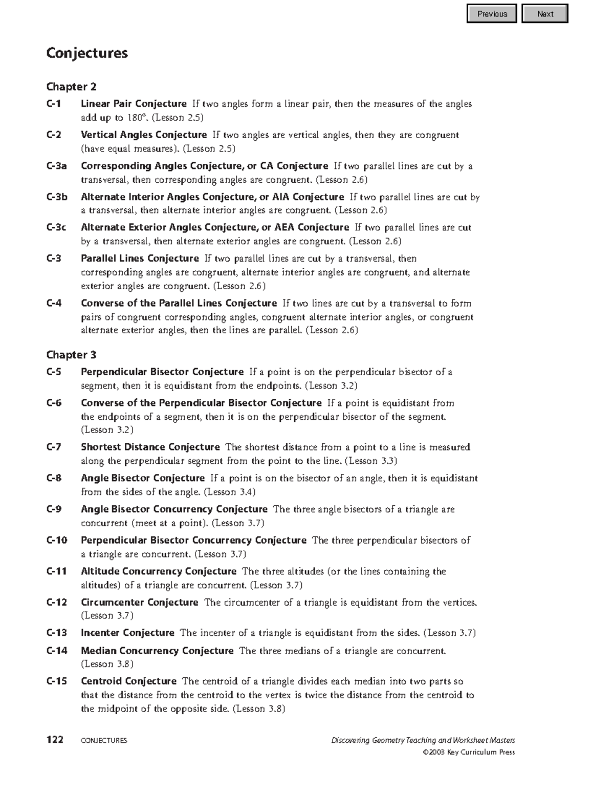 Conjectures Handout - 122 CONJECTURES Discovering Geometry Teaching and ...