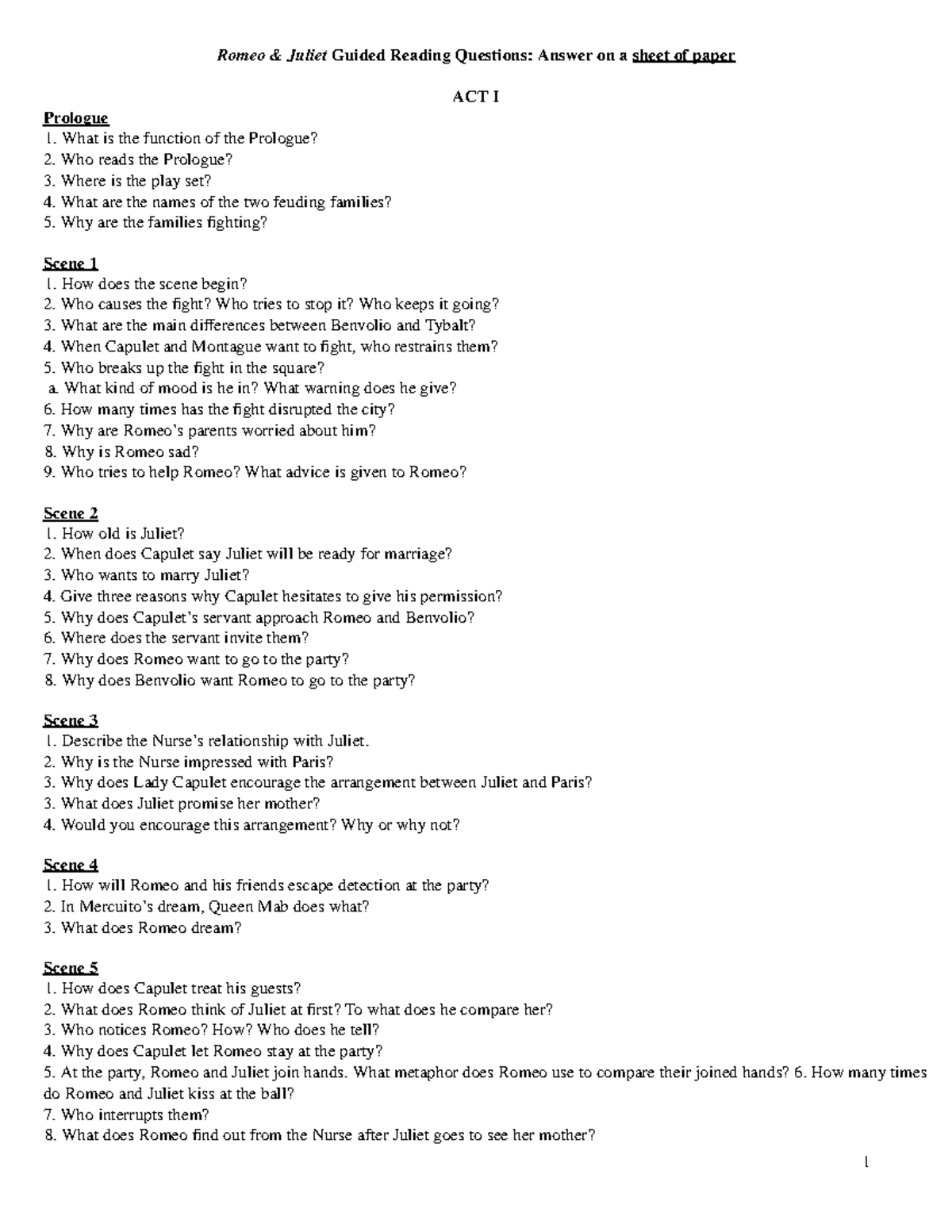 Romeo & Juliet (ENG 1001) Guided Reading Questions: All Acts - Studocu