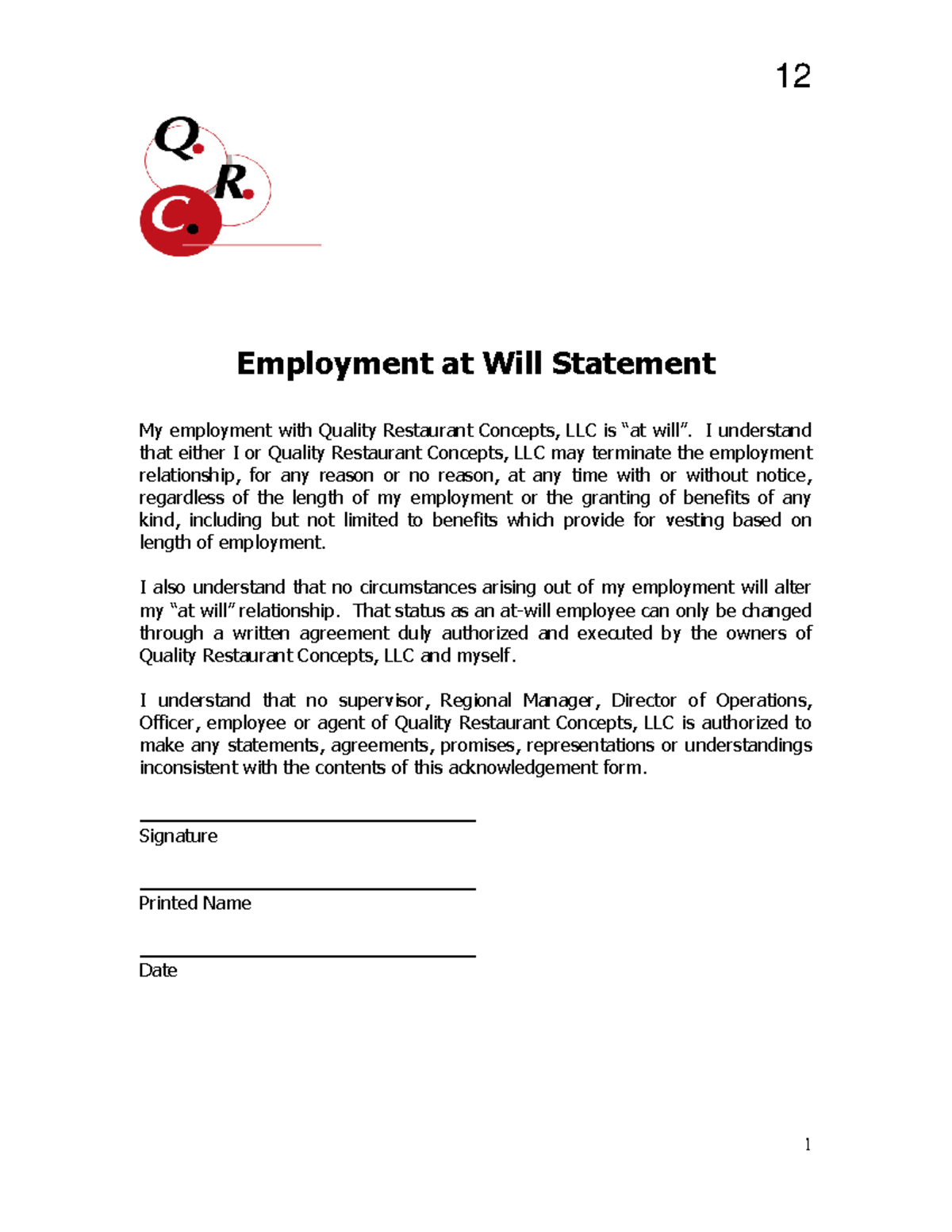 HR-Employment at Will Statement - 12 1 Employment at Will Statement My ...