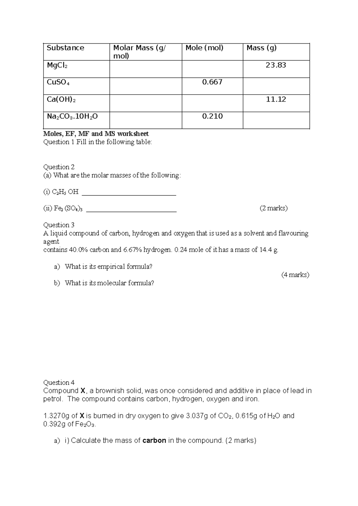 Yr 11 Chem Chp 6 Mole Practice Questions and Exercises - Studocu