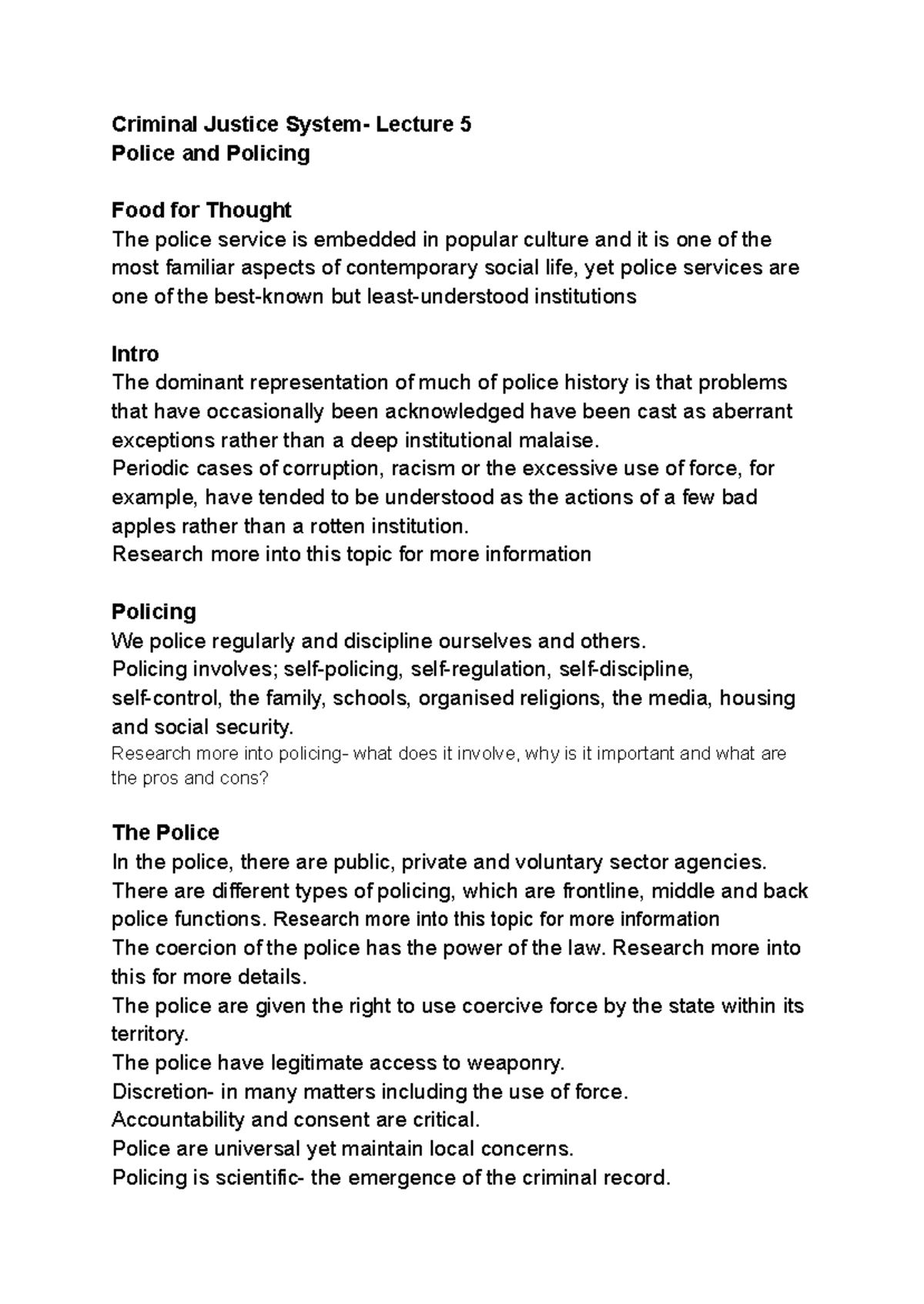 CJS- Lecture 5 - Criminal Justice System- Lecture 5 Police and Policing ...