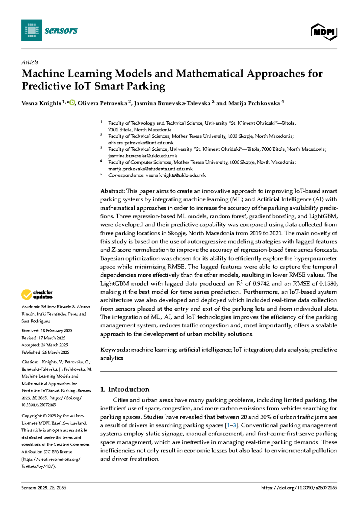 Machine Learning Models for Predictive IoT Smart Parking (Sensors 2025) - Studocu
