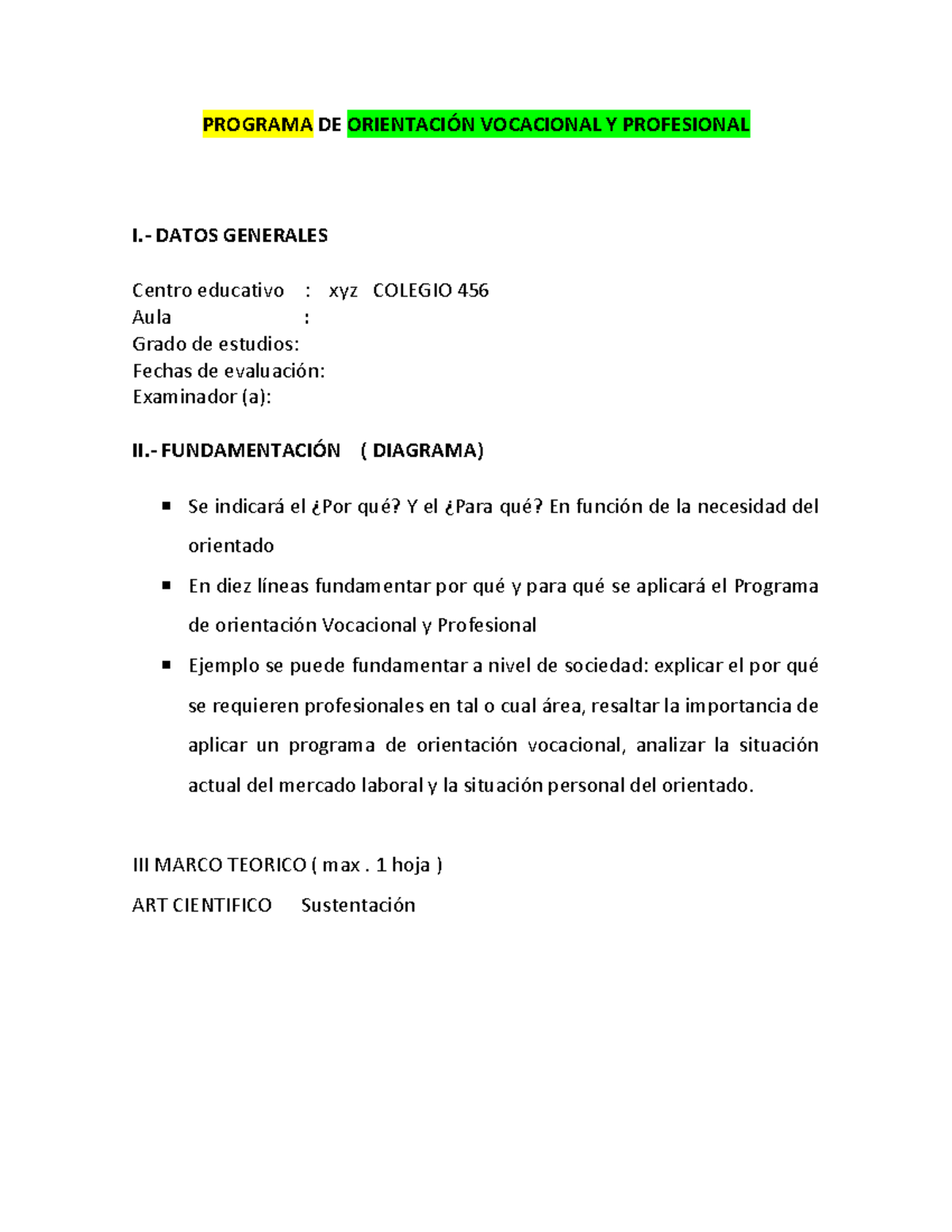 Ejemplo Programa DE Orientación Vocacional Y Profesional - PROGRAMA DE ORIENTACI”N VOCACIONAL Y ...