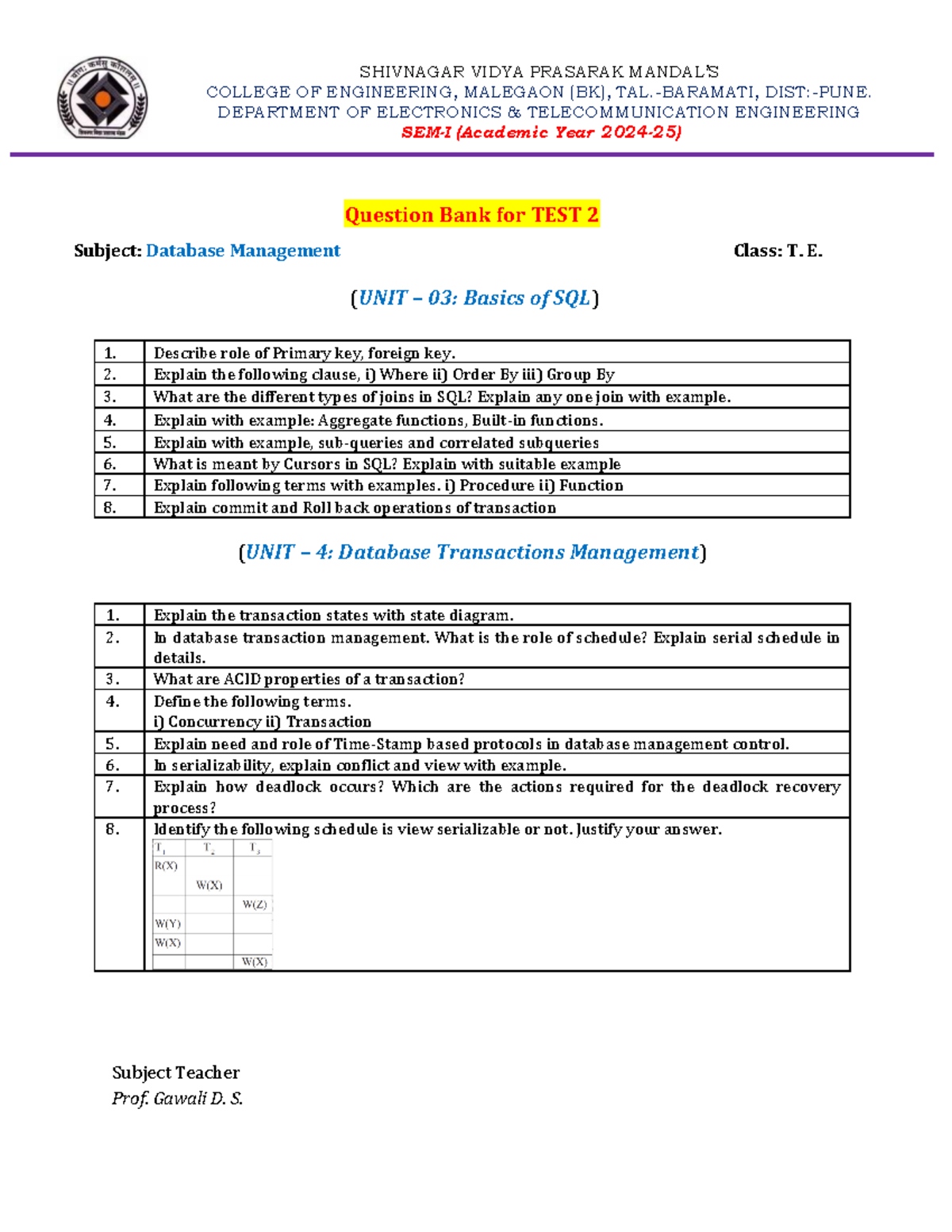 DBM 24-25 Question Bank: SQL Basics & Transaction Management - Studocu