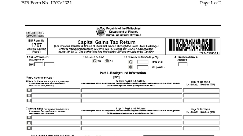 BIR Form 1707: Capital Gains Tax Return Instructions (2021) - Studocu