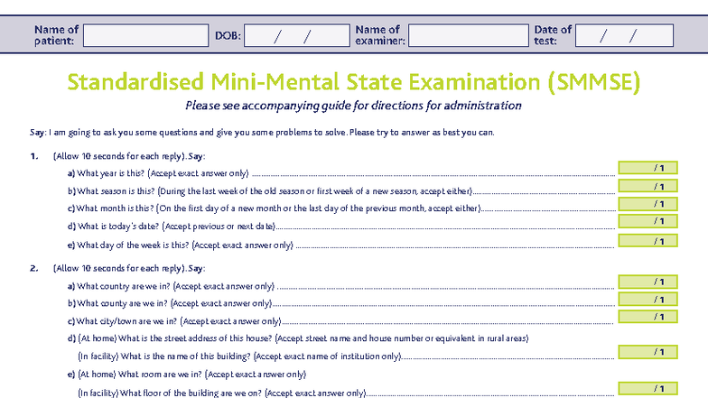 SMMSE NUR384 - Standardized Mini-Mental Status Evaluation Guide - Studocu