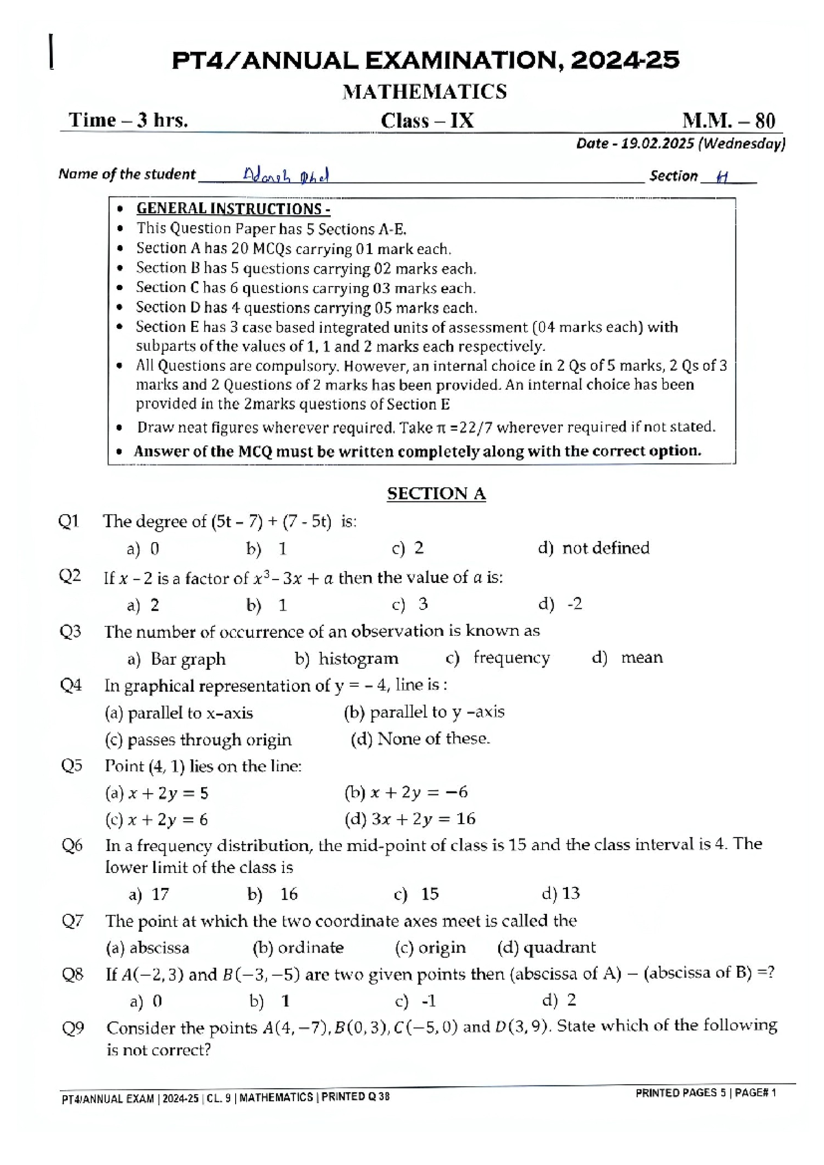 Mathematics Class IX Examination Paper (2024-2025) - Studocu